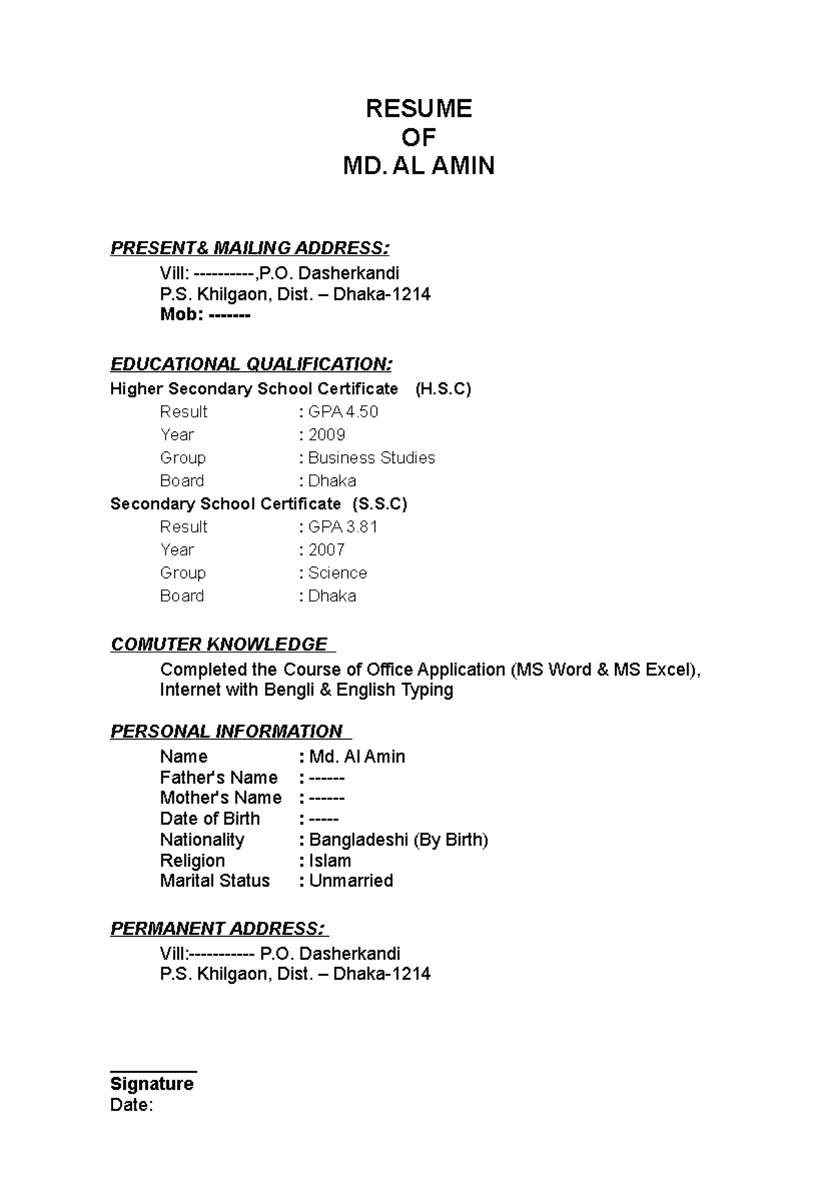 CV 1Page -2 - this is afsan - RESUME OF MD. AL AMIN PRESENT& MAILING ...