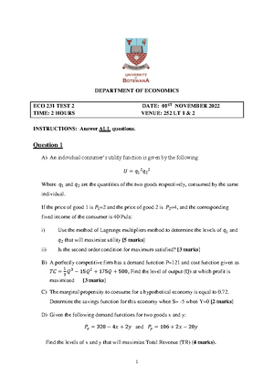 ECO 231 Tutorial 3 - 2023 - University of Botswana Department of ...