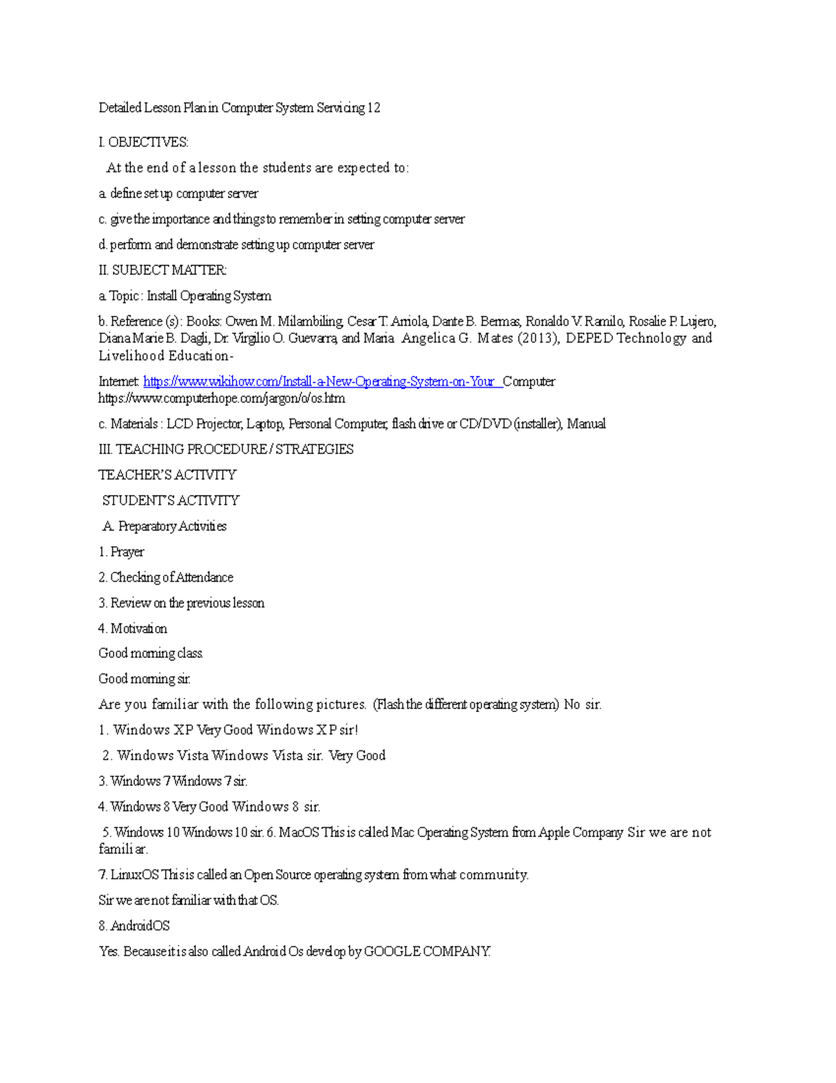 A Daily Lesson PLAN Techvoc ICT - Detailed Lesson Plan in Computer ...