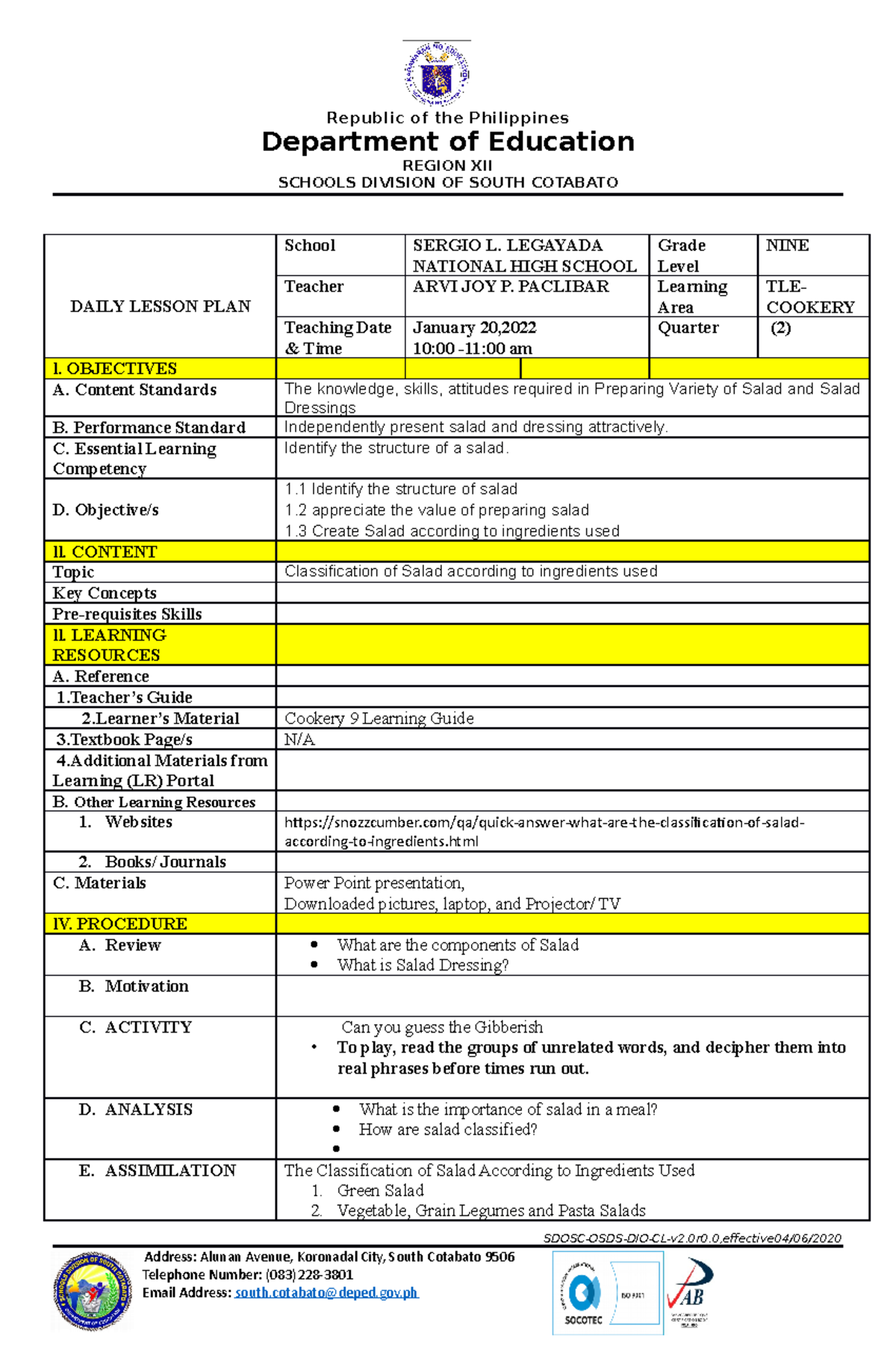COT 1 Lesson PLAN ( Salad) - Republic of the Philippines Department of ...
