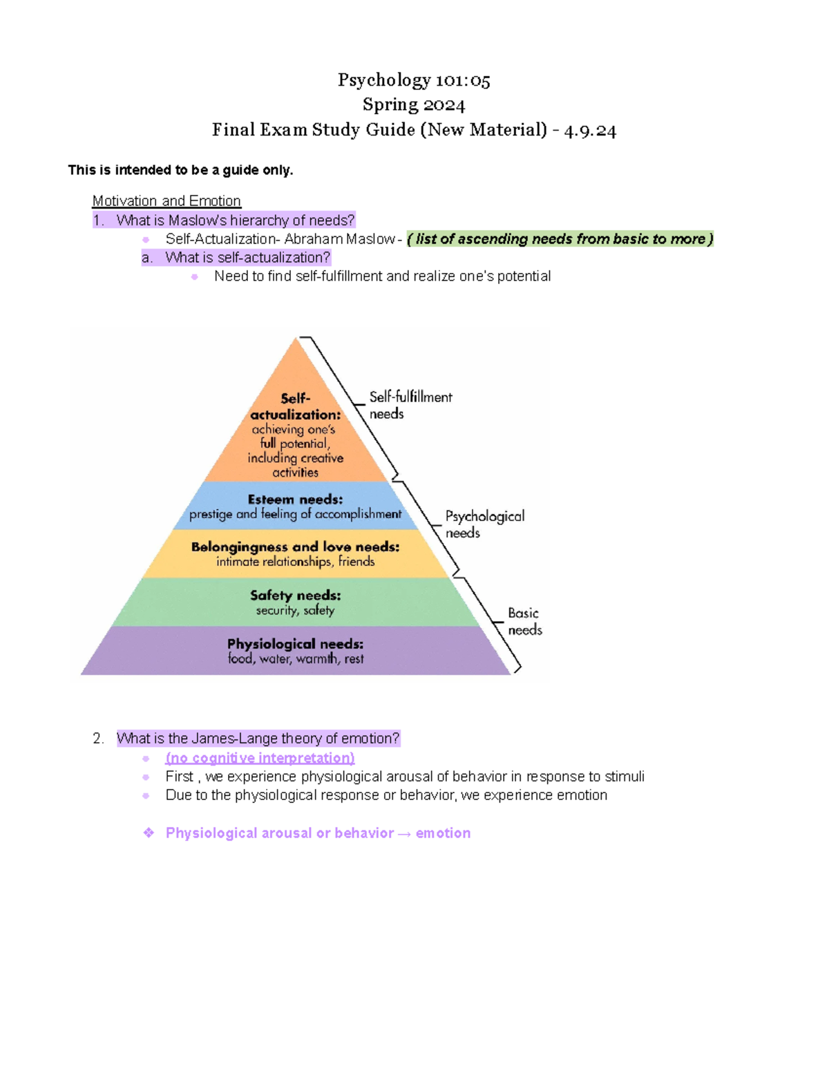 Copy of General Psychology (05) - Final Exam Study Guide (New Material ...