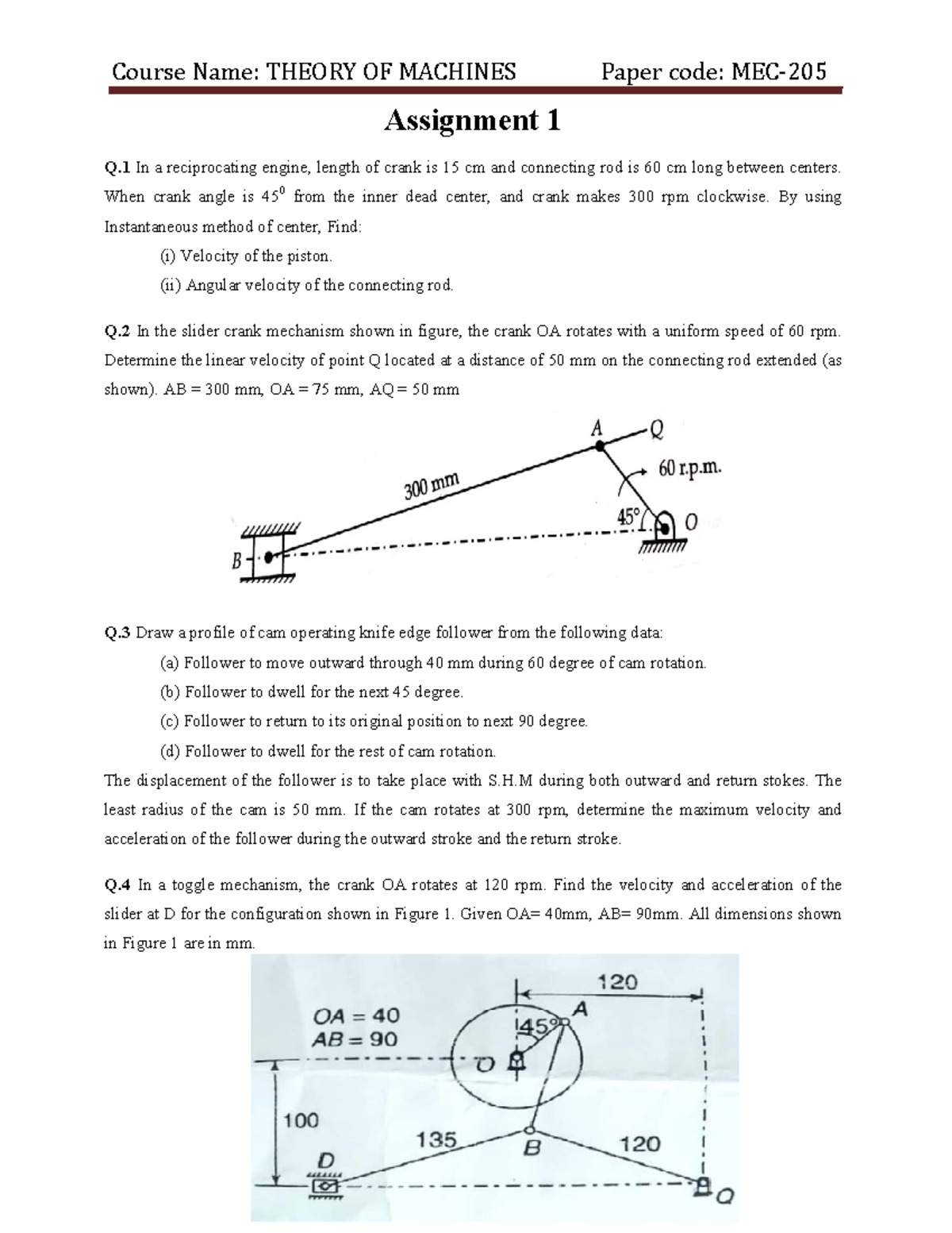 Assignment 1 - Stuff - Course Name: THEORY OF MACHINES Paper code: MEC ...