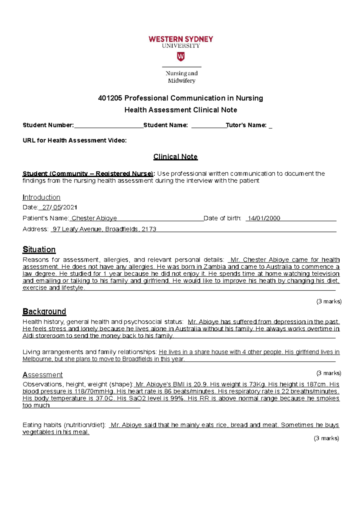 Professional Communication in Nursing Health Assessment Clinical Note ...