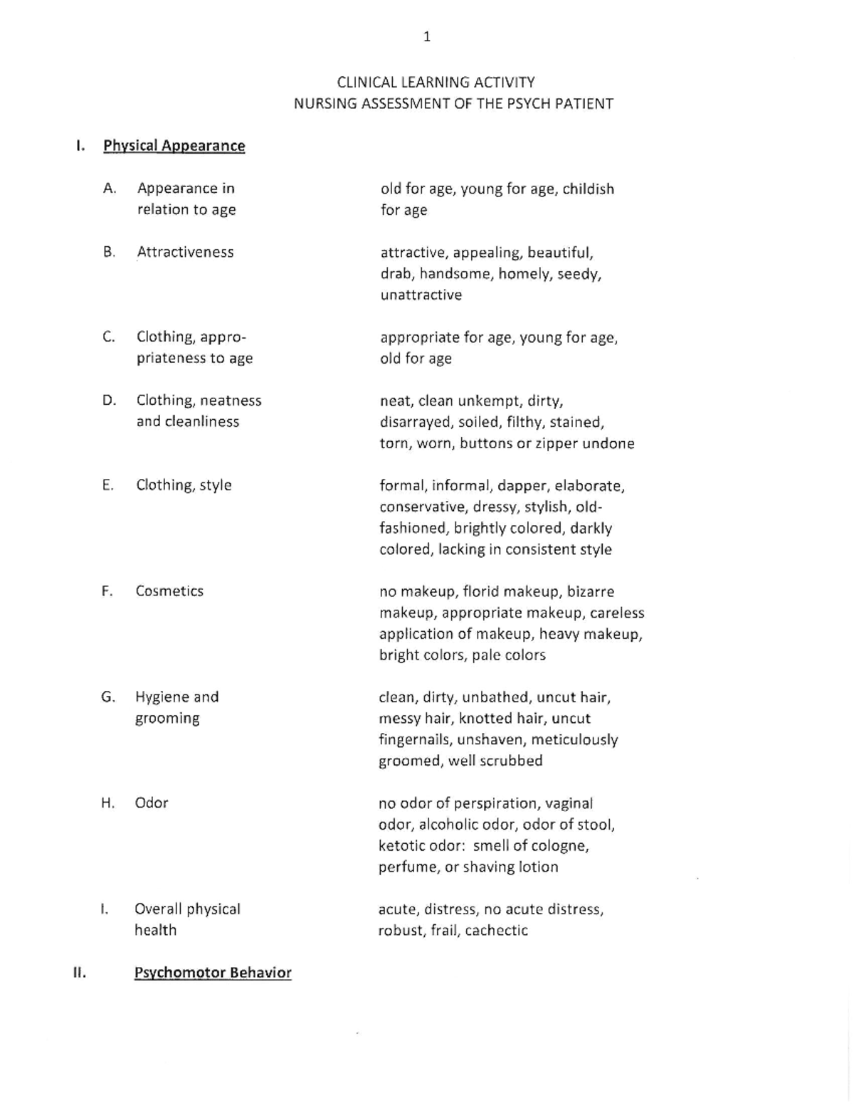Psy Nursing assessment - Physical Appearance A. Appearance in relation ...