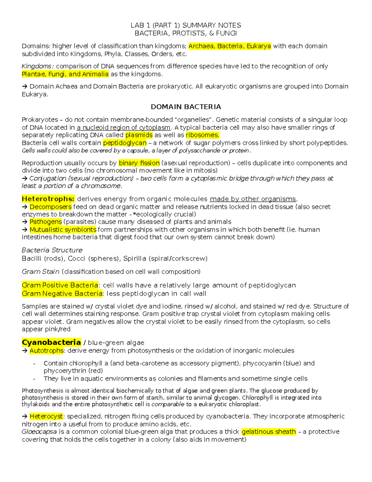 Biol-1116 Lab 1 (part 1) Notes - BACTERIA, PROTISTS, & FUNGI Domains ...