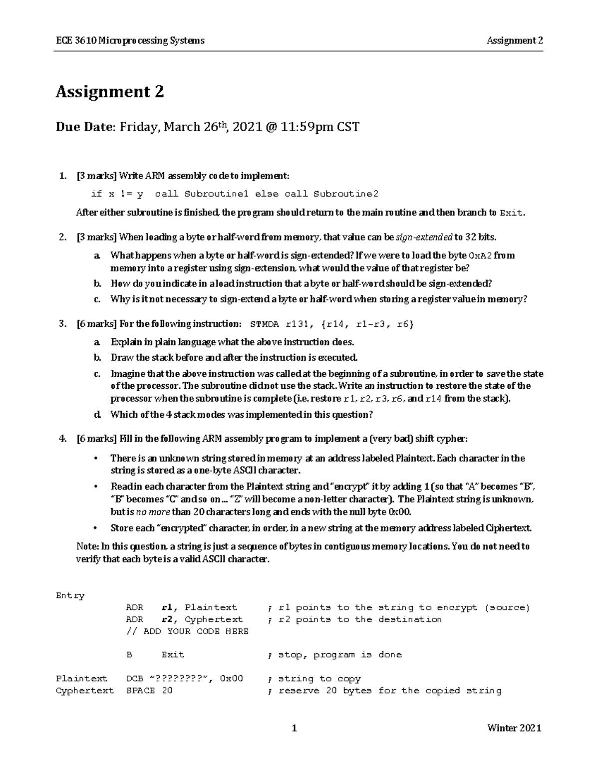ECE3610 Winter 2021 assignment 2 - ECE 3610 Micr oprocessing Systems ...