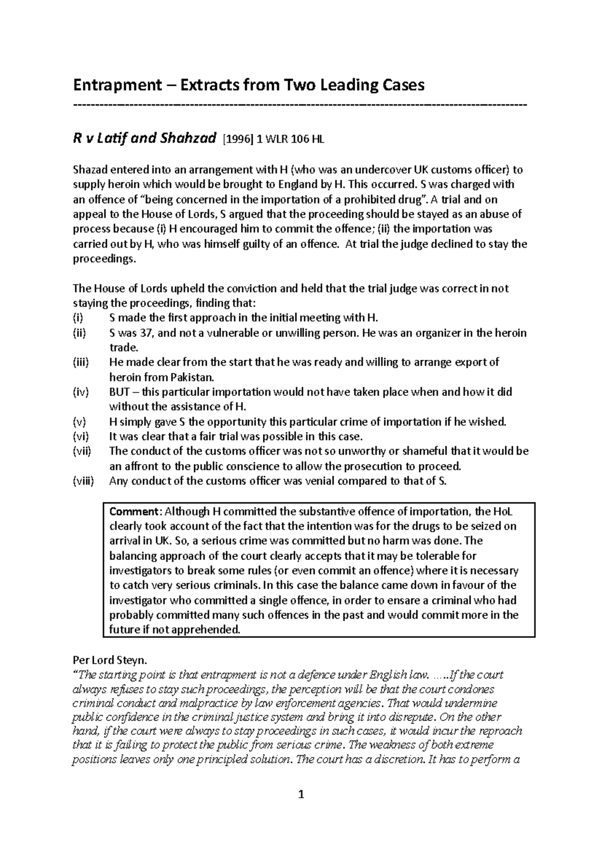 Entrapment - Extracts from Leading Cases - Entrapment – Extracts from ...