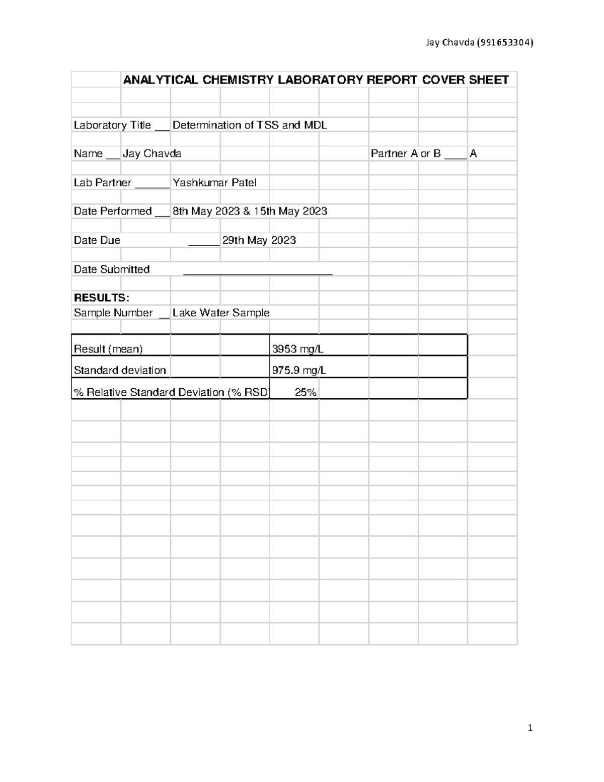 TSS 1 Final - IT IS LAB REPORT - ANALYTICAL CHEMISTRY LABORATORY REPORT ...