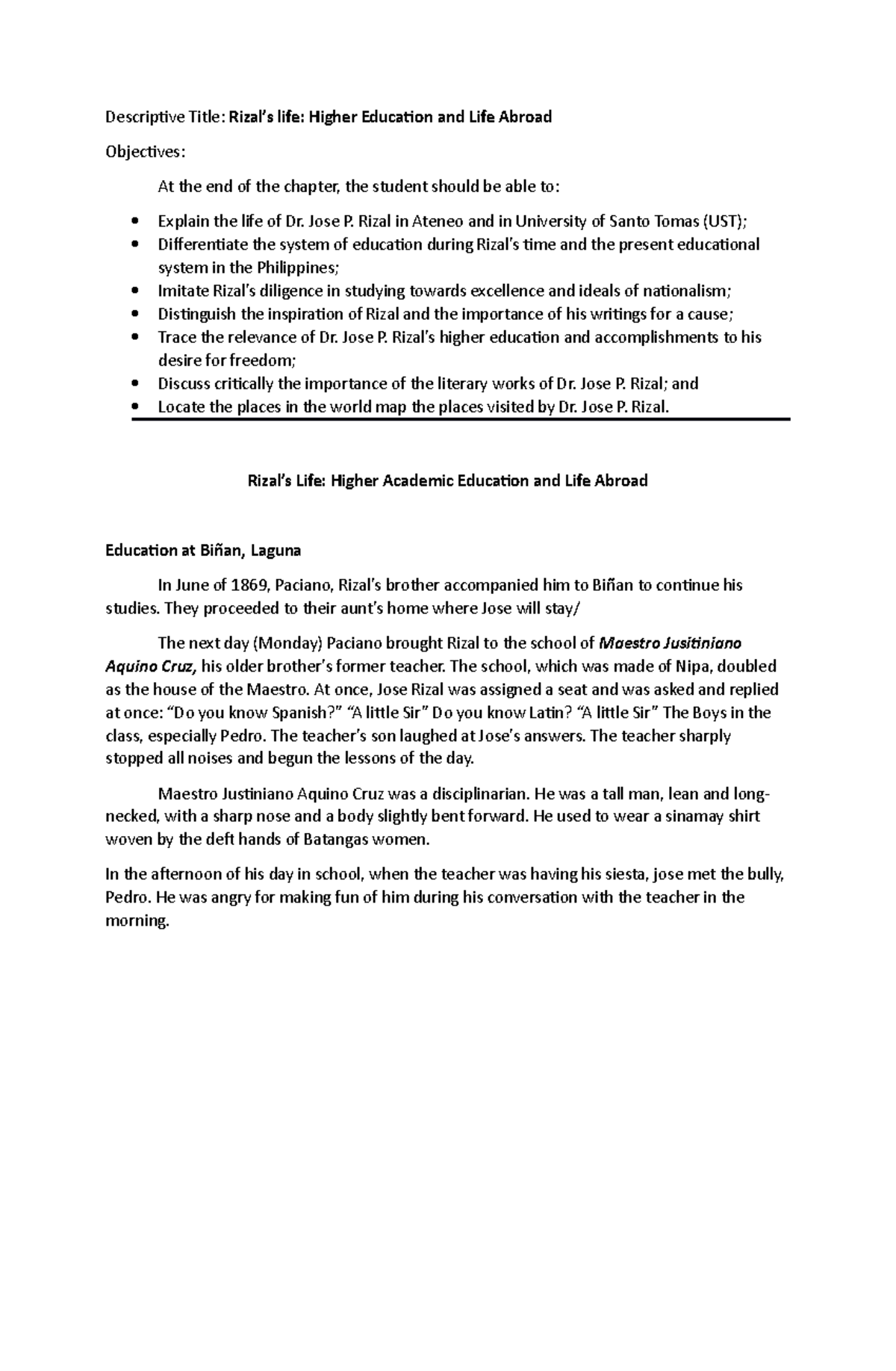 Chapter 4 Pandog - Descriptive Title: Rizal’s life: Higher Education ...