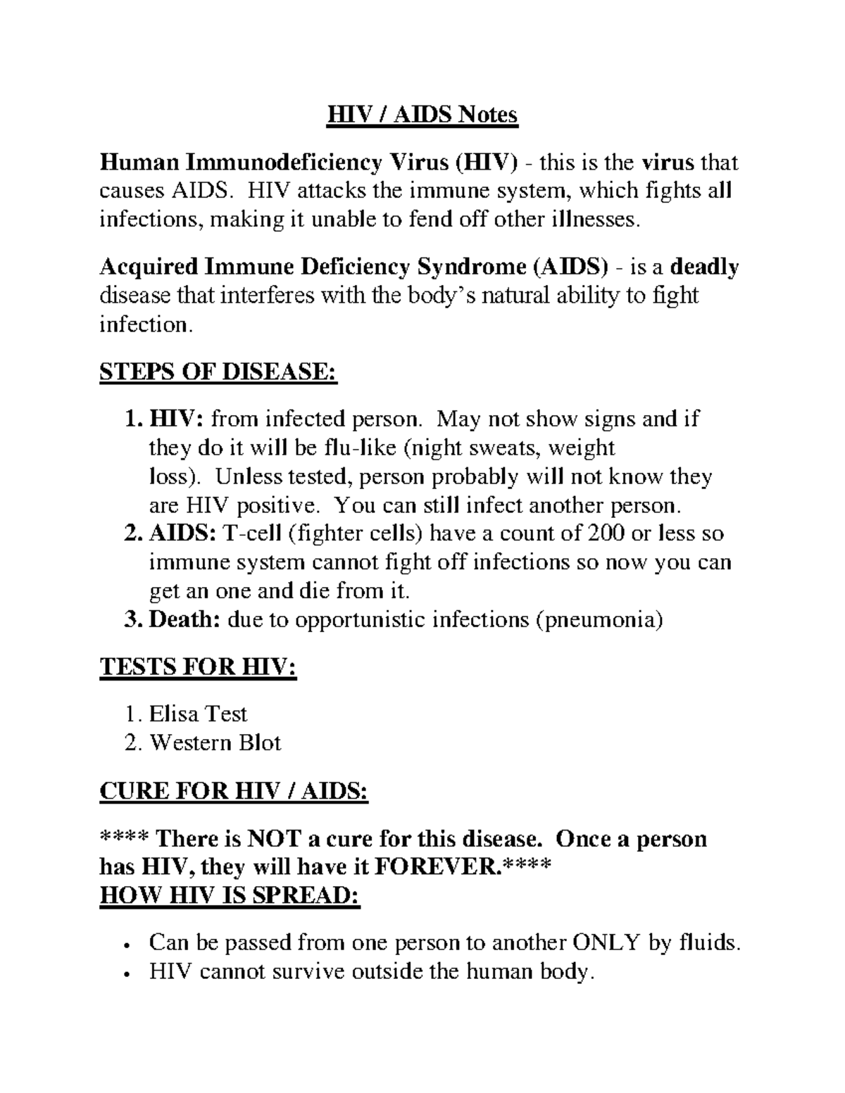 Health 7 HIV Notes - HIV / AIDS Notes Human Immunodeficiency Virus (HIV ...