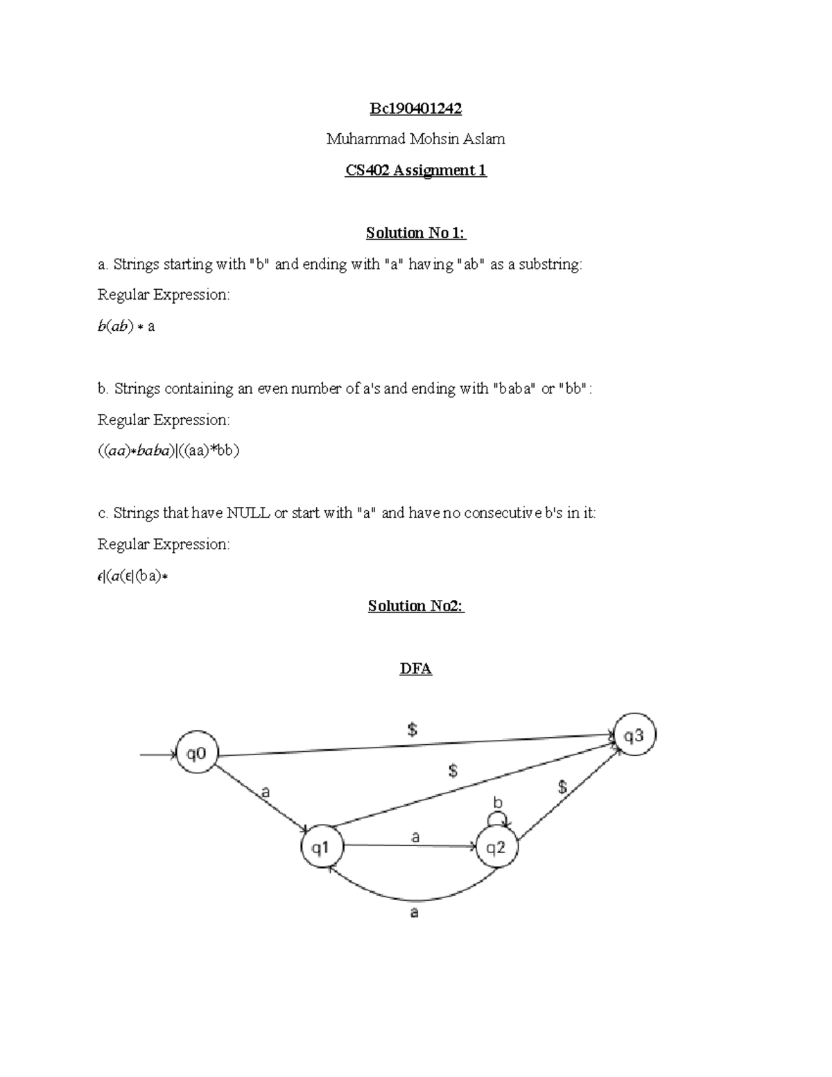 Bc190401242 This Is An Assignment Theory Of Automata Bc Muhammad Mohsin Aslam Cs402