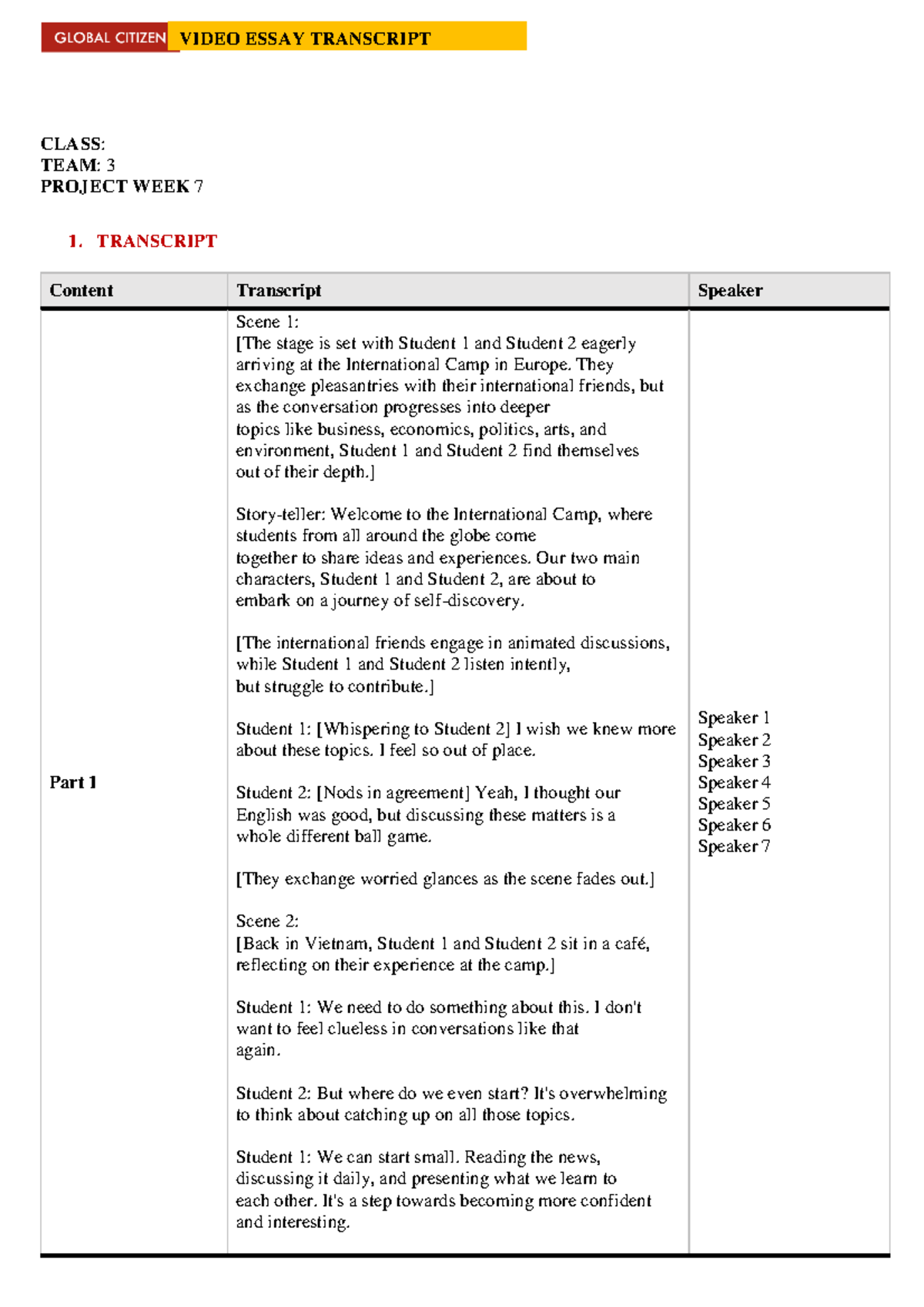 Greenfire 19 - Team 3 - Transcipt week 7 - CLASS: TEAM: 3 PROJECT WEEK ...