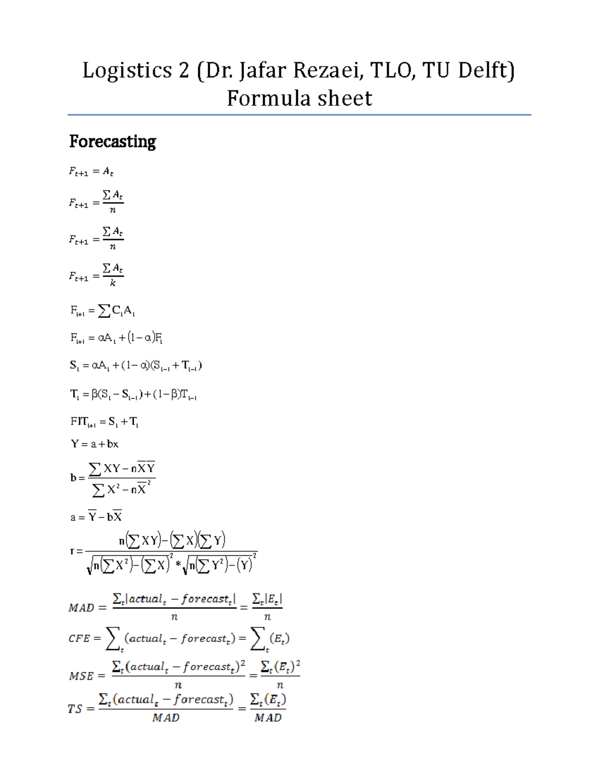 Logistics 2 Formula sheetrn - Logistics 2 (Dr. Jafar Rezaei, TLO, TU ...