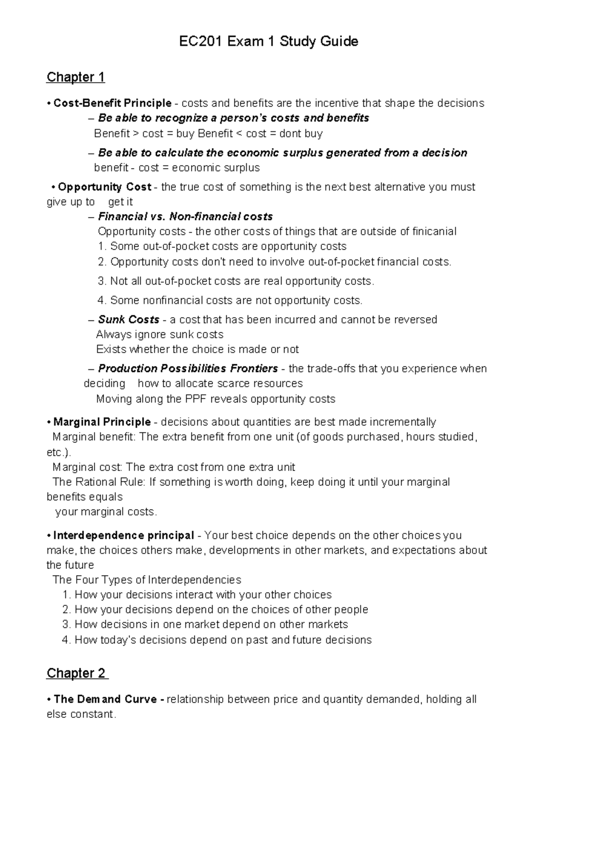 EC201 Exam 1 Study Guide - EC201 Exam 1 Study Guide Chapter 1 Cost ...