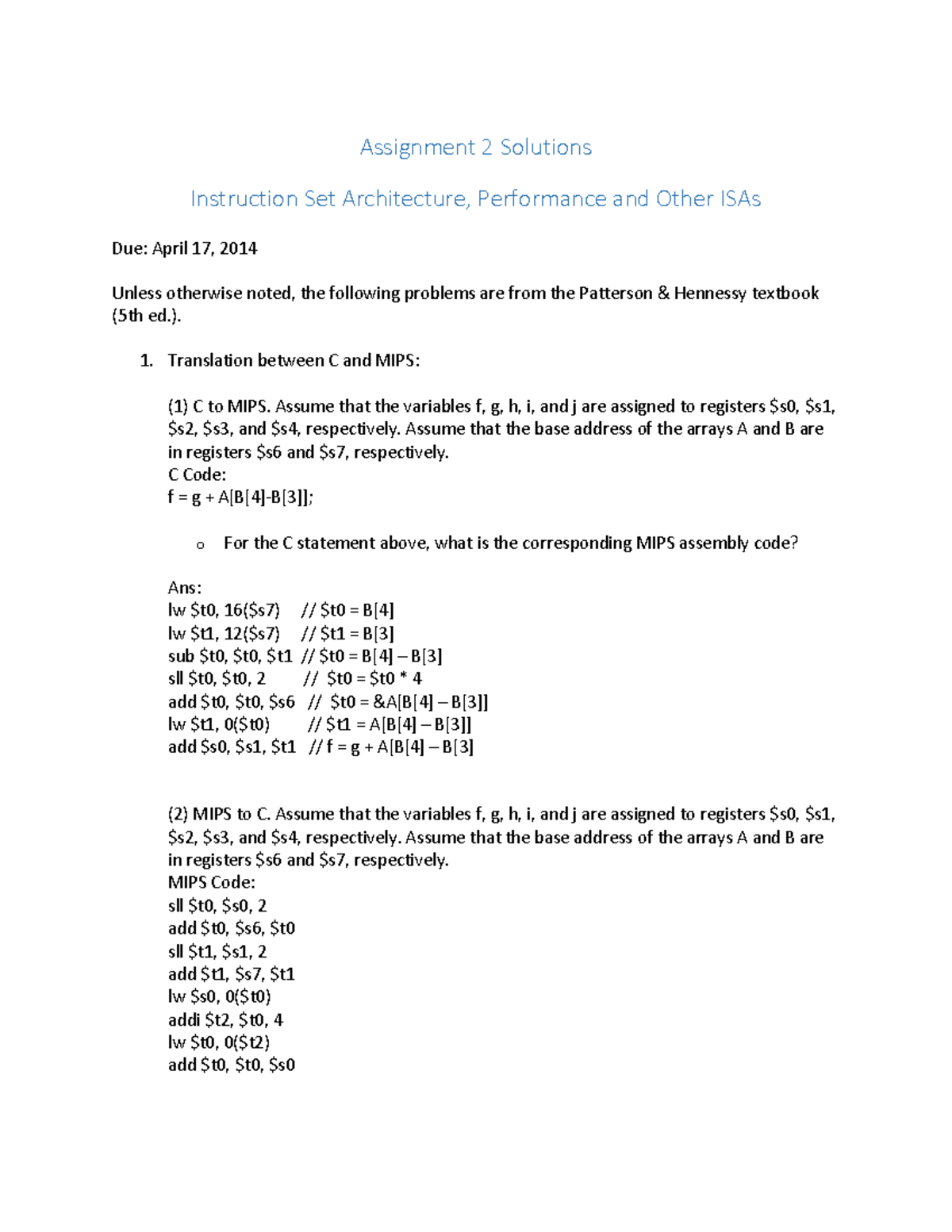 Q1ca - Assignment 2 Solutions Instruction Set Architecture, Performance and Other ISAs Due ...