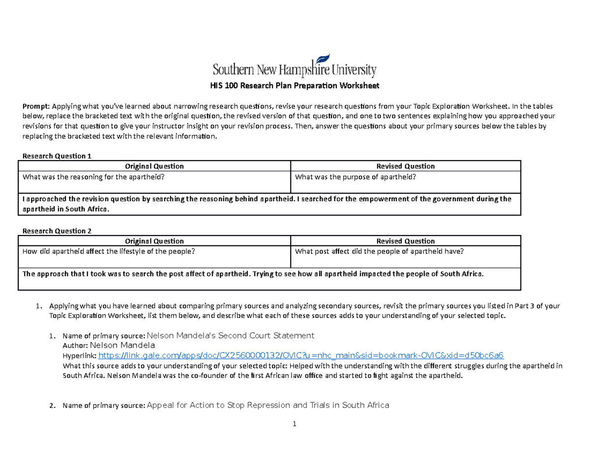 Lesson 4 - HIS 100 Research Plan Preparation Worksheet Prompt: Applying ...