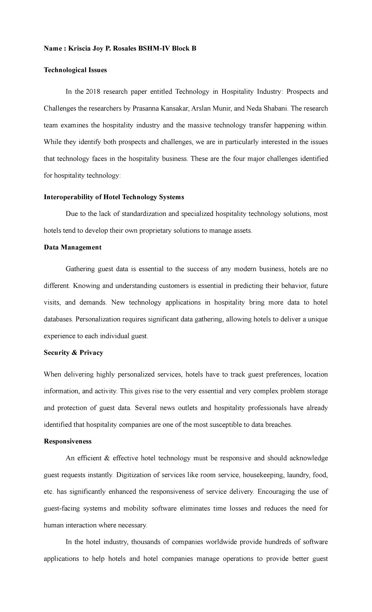 Tech Issues - Ass - Name : Kriscia Joy P. Rosales BSHM-IV Block B Technological Issues In the ...