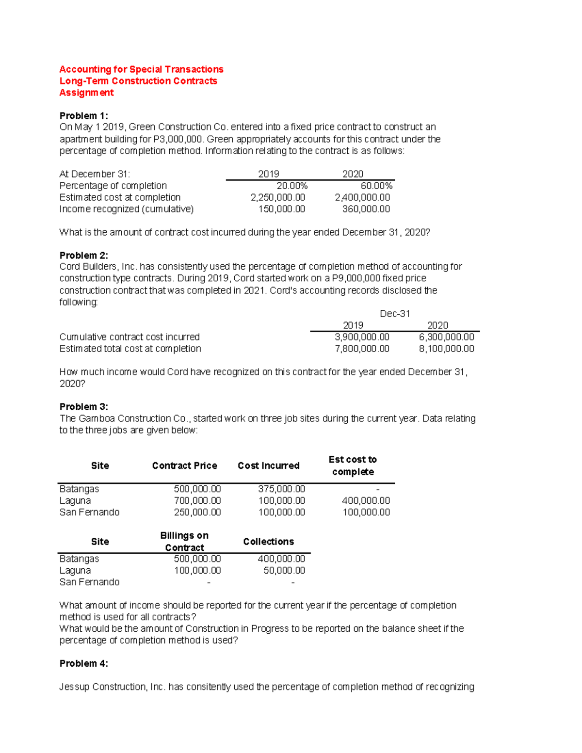 Long Term Construction Contract Assignment - Accounting for Special ...
