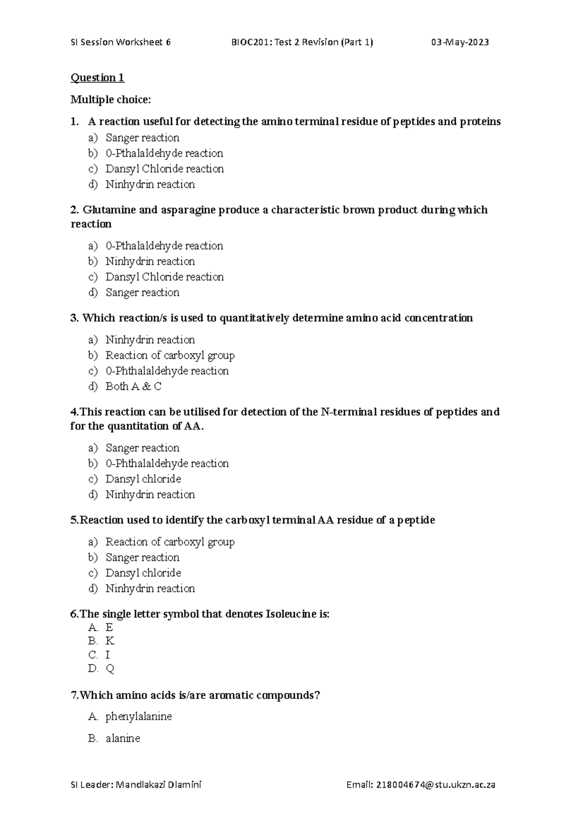 Session 6 BIOC201 Mandlakazi 03-05-2023 - Question 1 Multiple choice: A reaction useful for ...