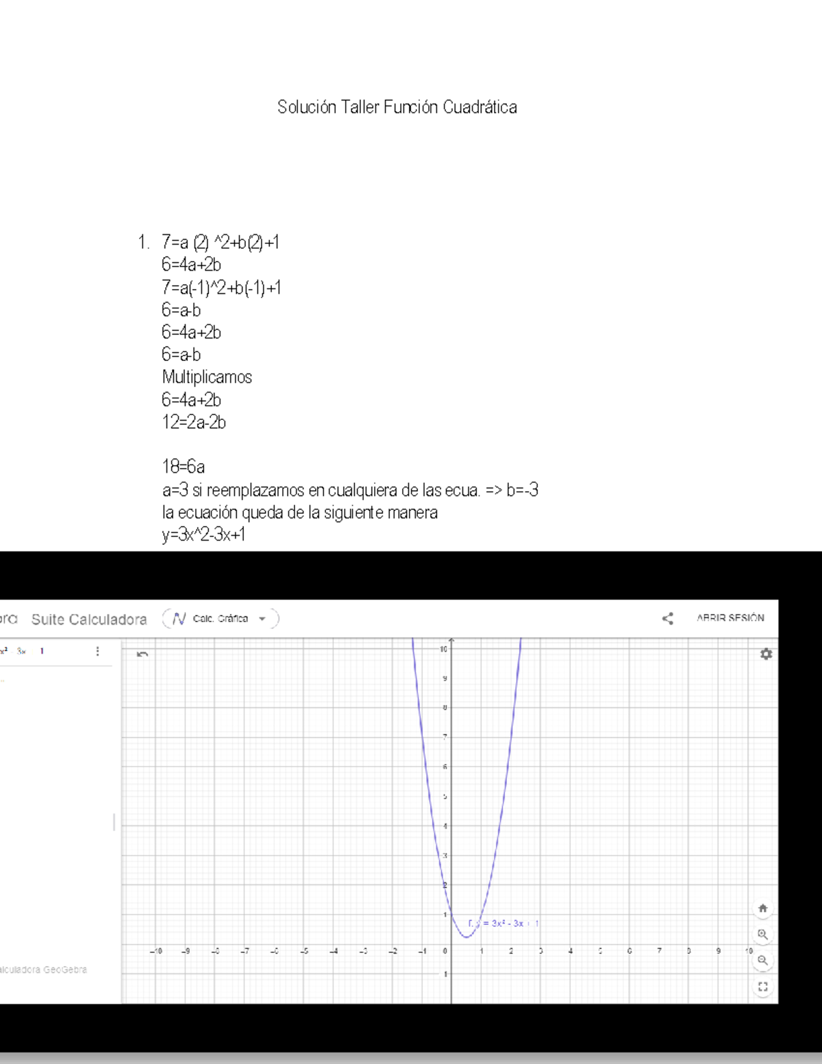 Solución Taller Función Cuadrática 2 - 7=a (2) ^2+b(2)+ 6=4a+2b 7=a(-1)^2+b(-1)+ 6=a-b 6=4a+2b 6 ...