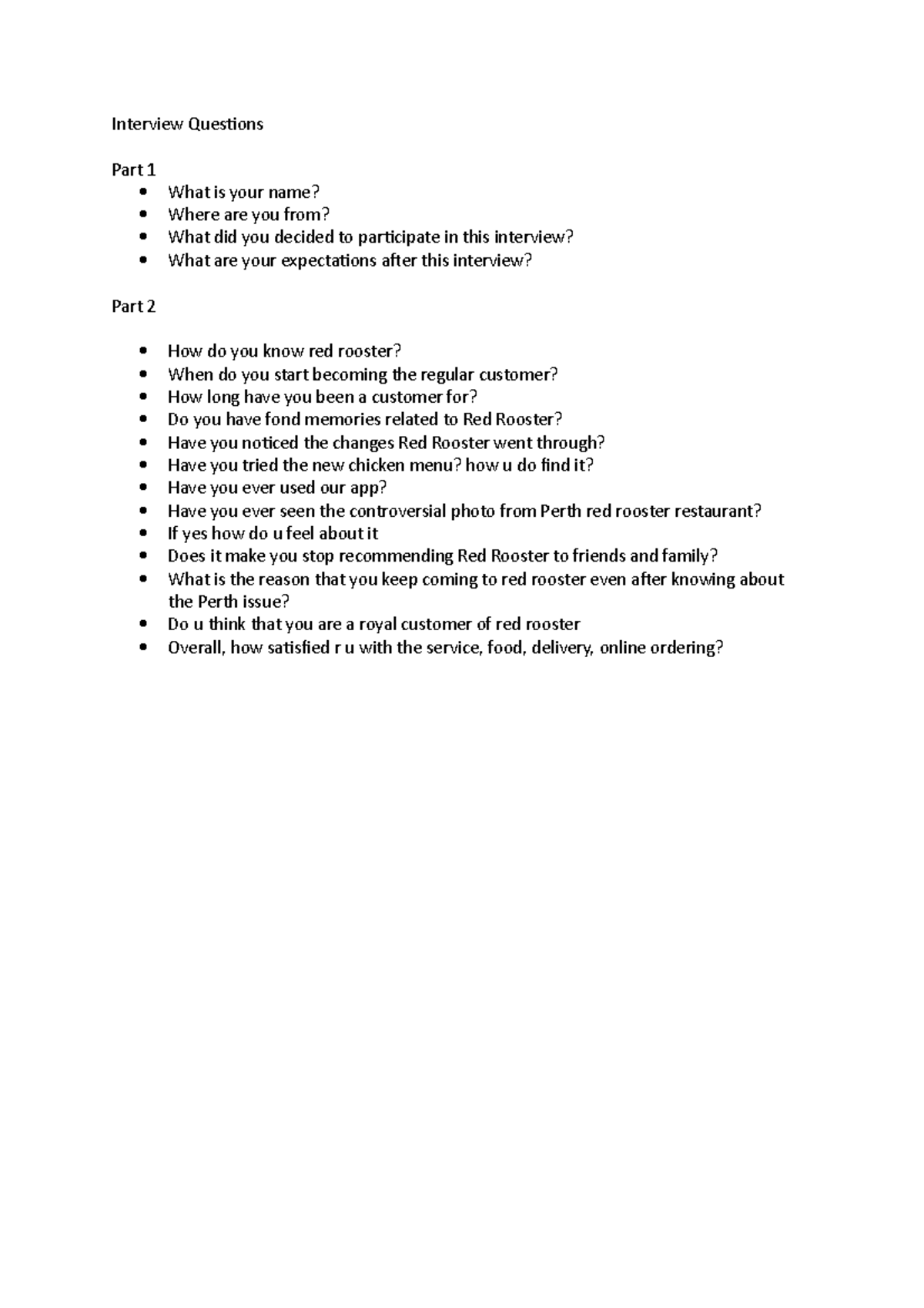 Appendix A for major project submission - Interview Questions Part 1 ...