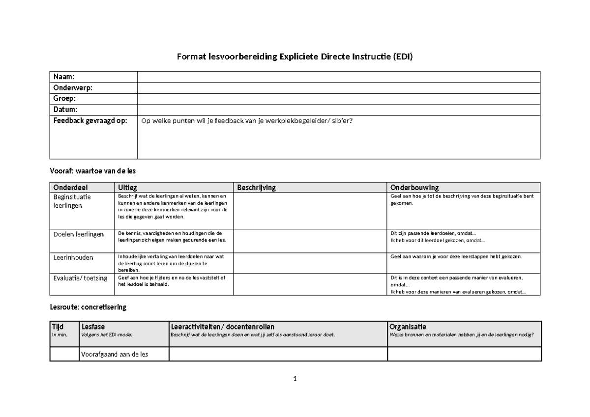 Formulier lesvoorbereiding EDI met verantwoording - Format ...