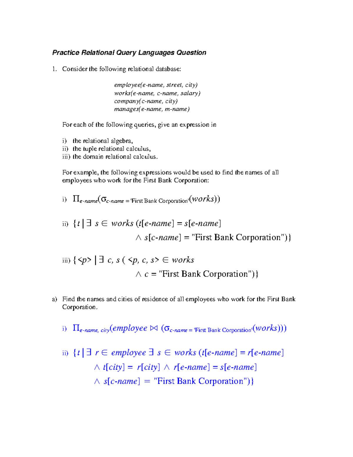 Chap3 practice key - Dbms - Practice Relational Query Languages ...