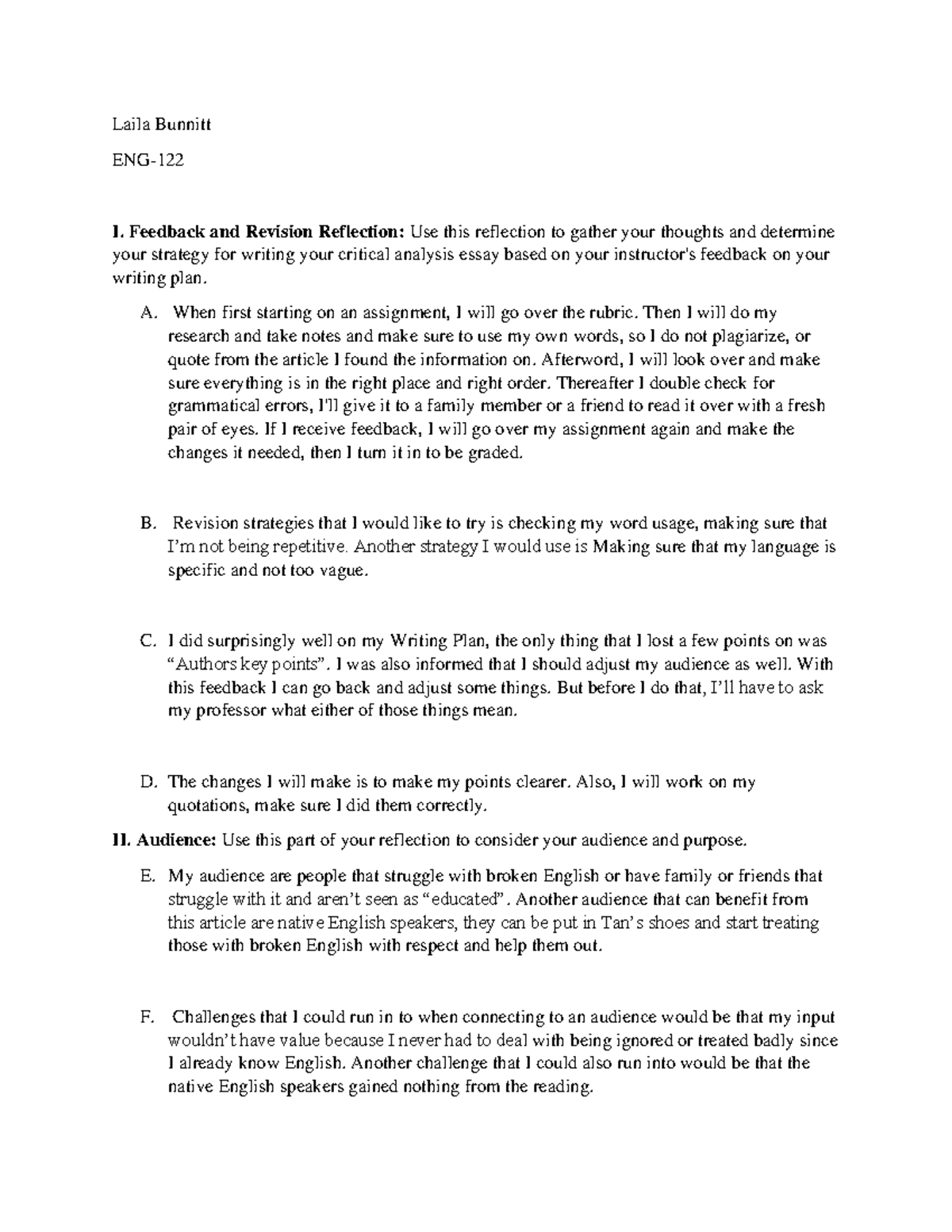5-3 Reflection assignment - Laila Bunnitt ENG- I. Feedback and Revision ...