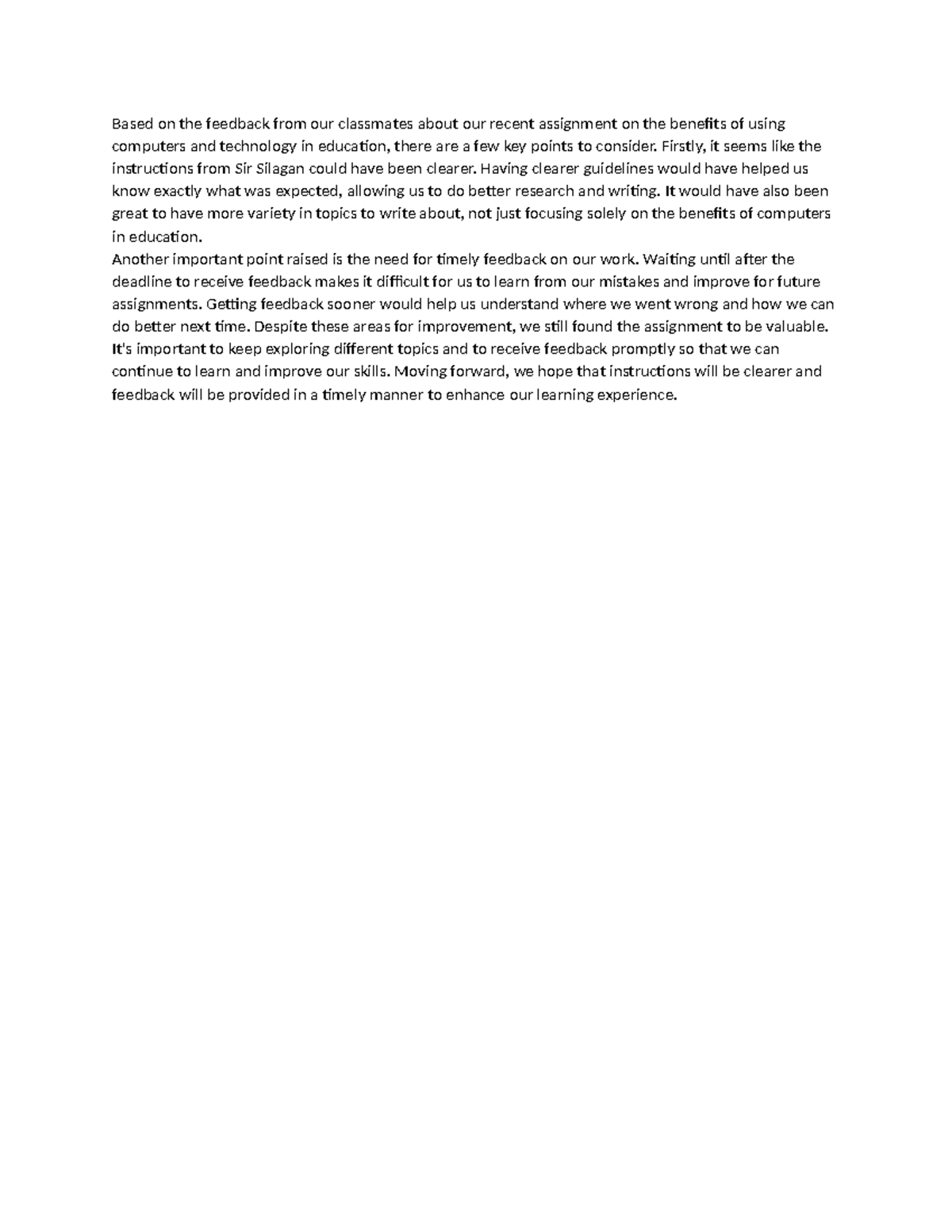 2.Reflection of All - lecture - Based on the feedback from our ...