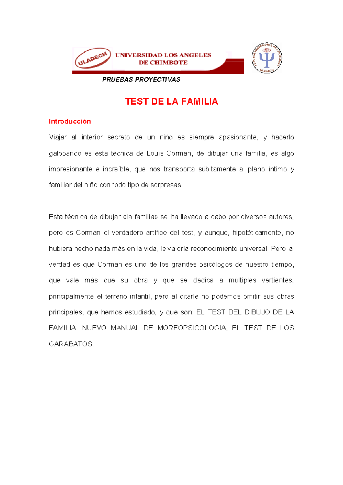 1 Introducción al test de la familia - PRUEBAS PROYECTIVAS TEST DE LA ...
