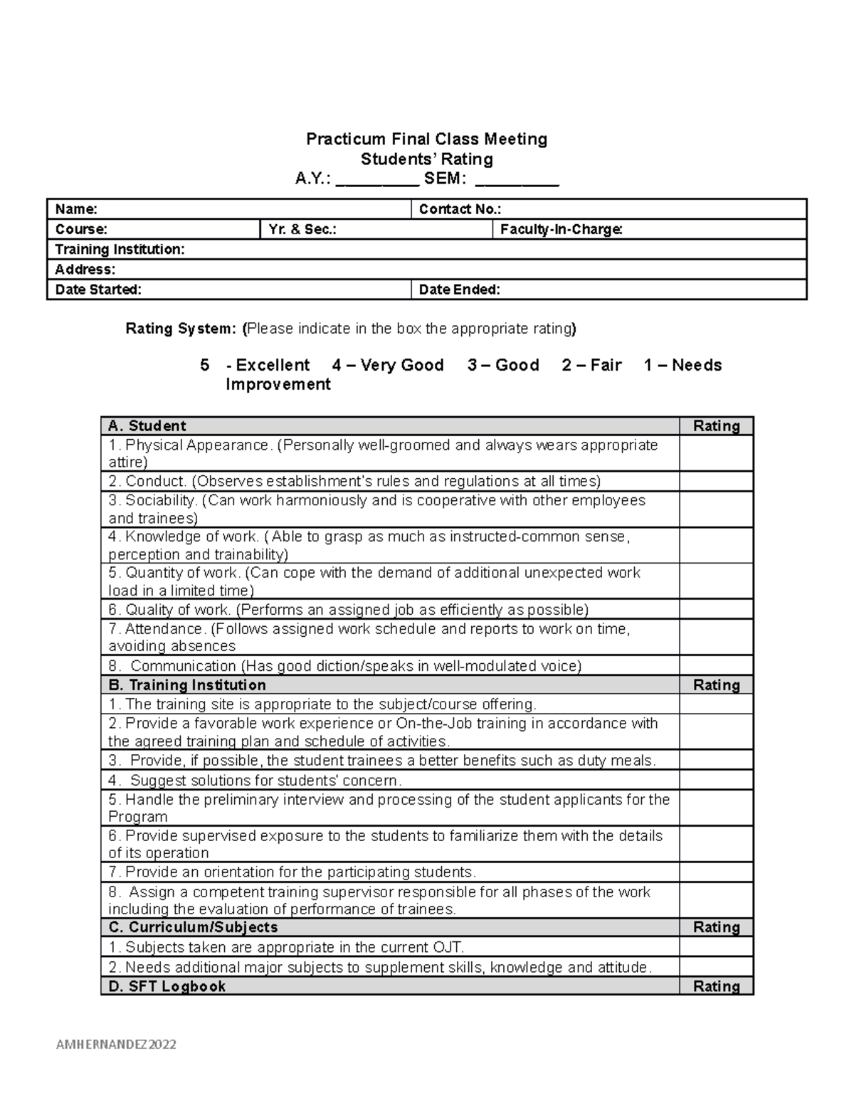 Student Rater - AMHERNANDEZ Practicum Final Class Meeting Students ...