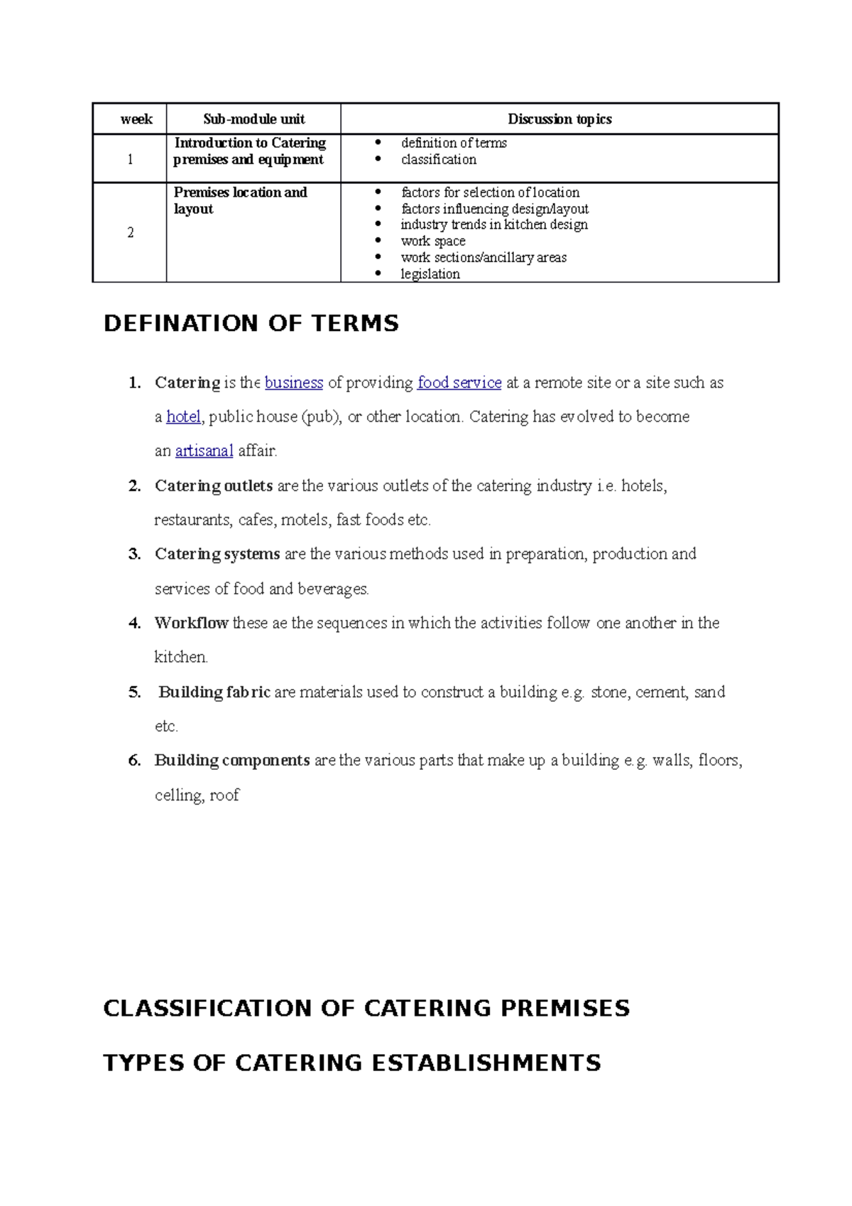 Catering Premise Notes - week Sub-module unit Discussion topics 1 ...