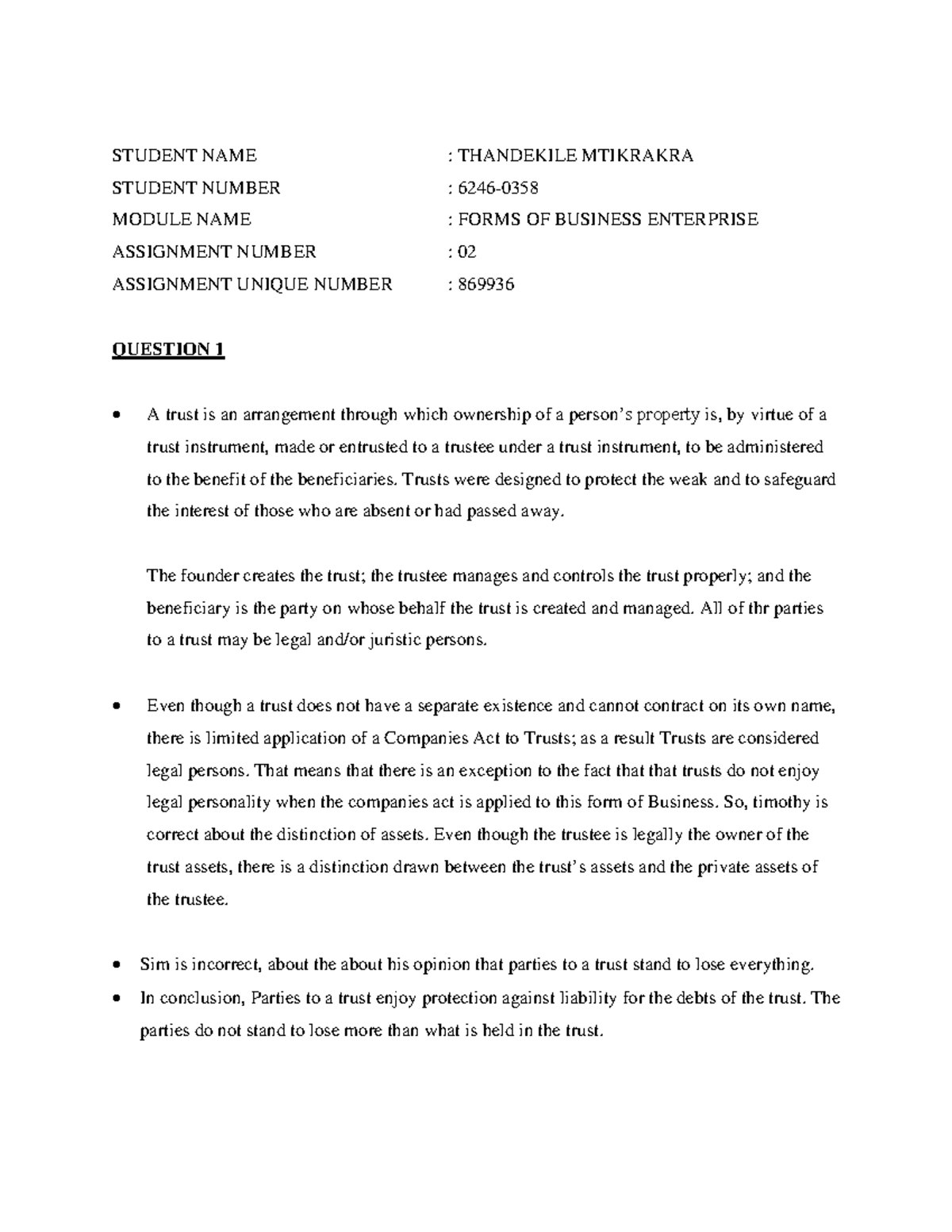 FBE assignment 2 - STUDENT NAME : THANDEKILE MTIKRAKRA STUDENT NUMBER ...