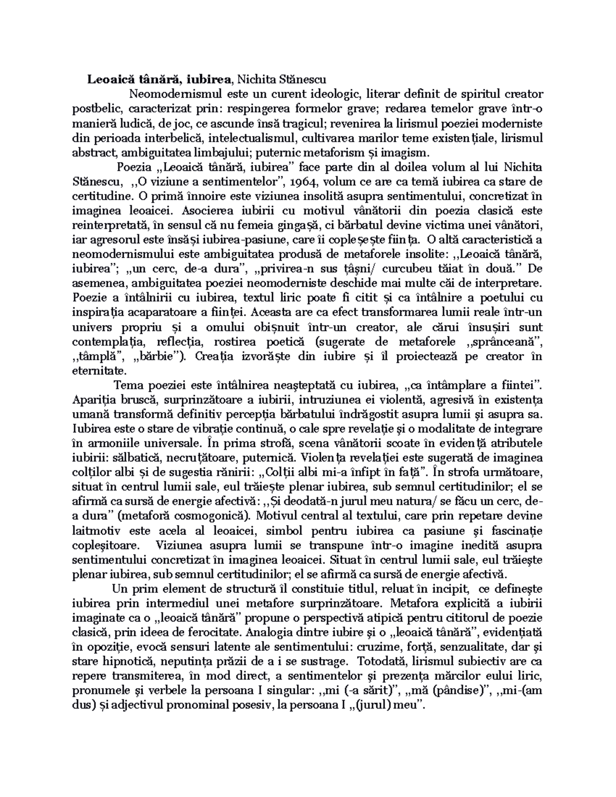 Leoaică tânără, iubirea - Leoaică tânără, iubirea, Nichita Stănescu ...