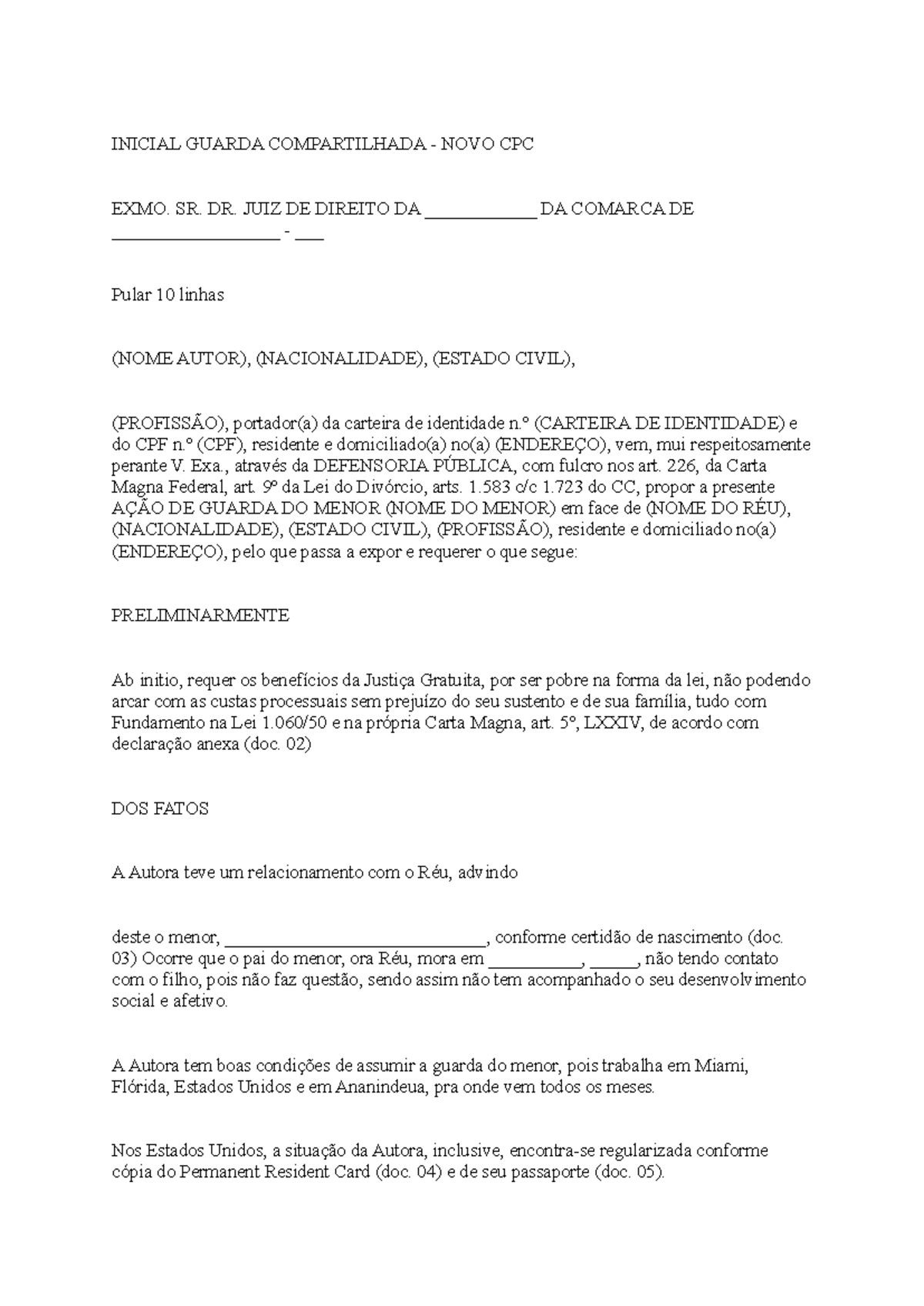 Inicial Guarda Compartilhada - NOVO CPC - INICIAL GUARDA COMPARTILHADA ...