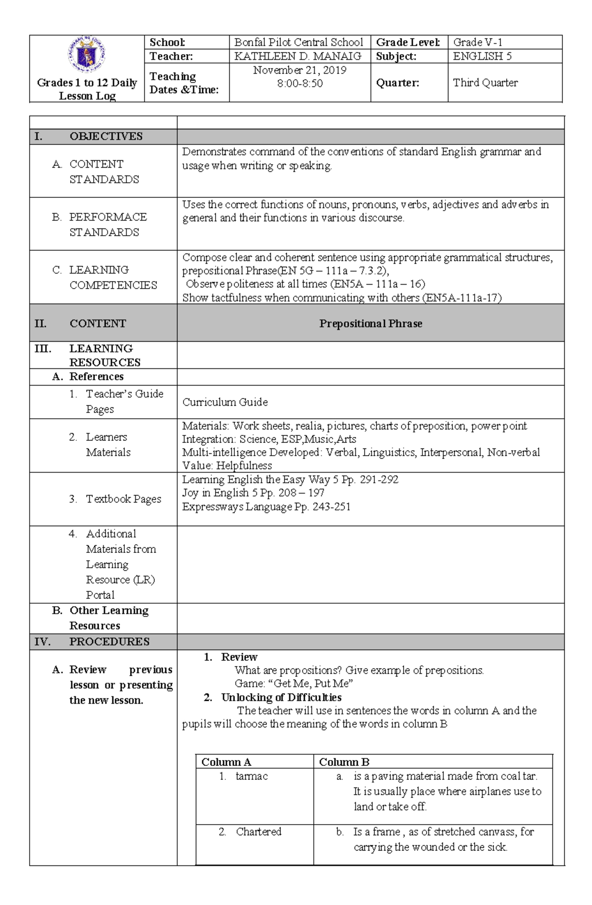Prepositional Phrase COT 3 - Grades 1 to 12 Daily Lesson Log School ...