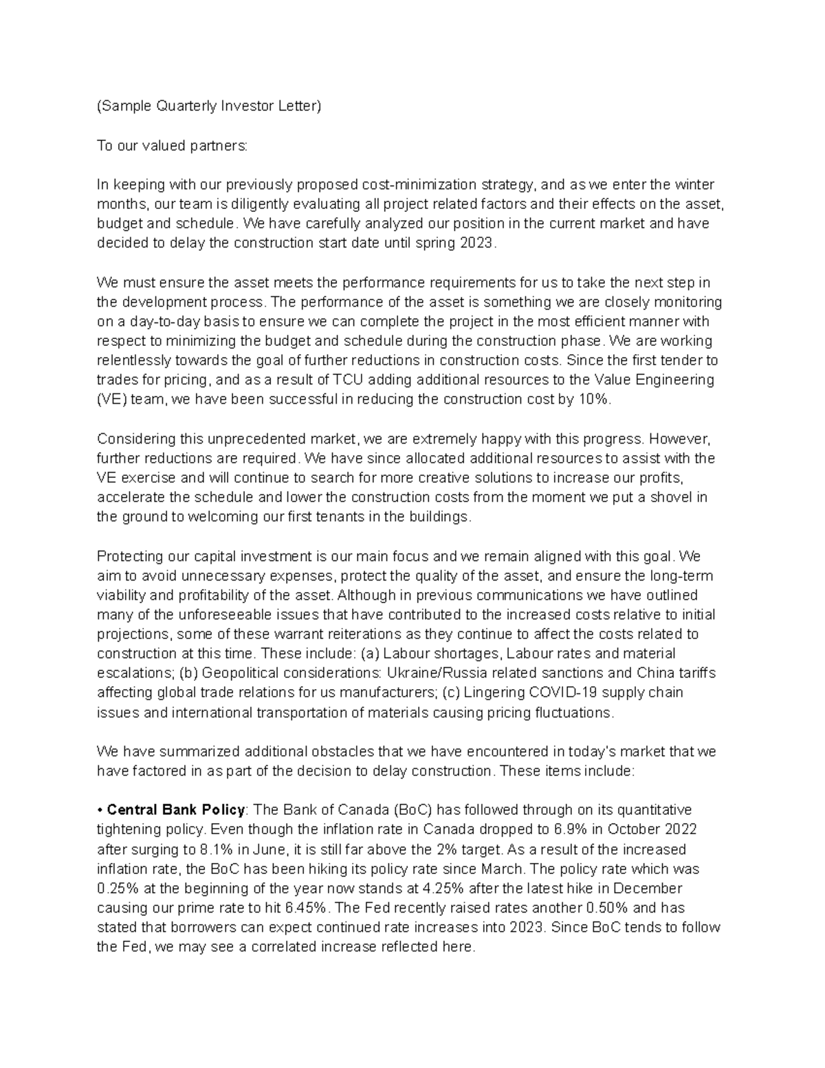 Sample Quarterly Investor Letter - We have carefully analyzed our ...