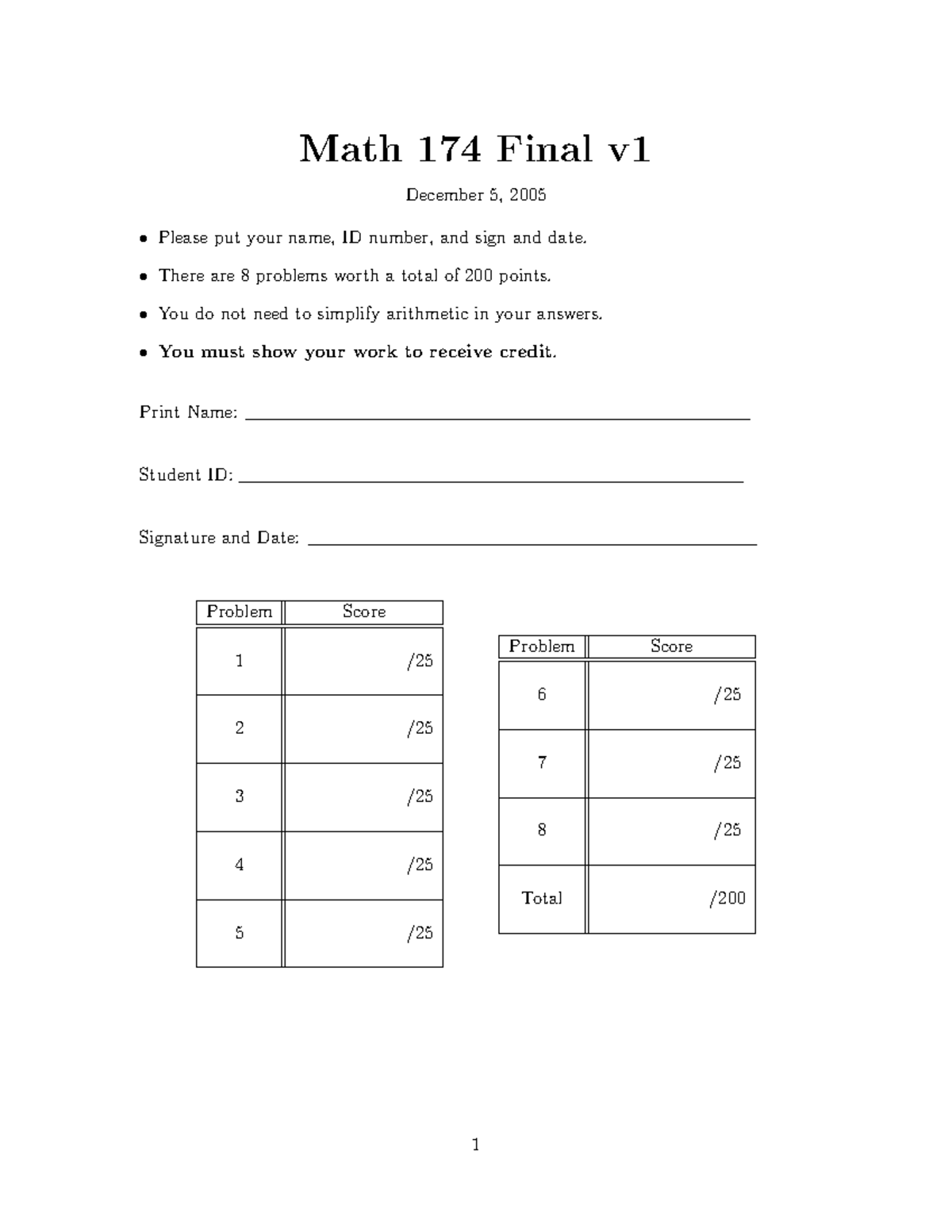 [MATH 2601] final 174F05 - Math 174 Final v December 5, 2005 Please put ...