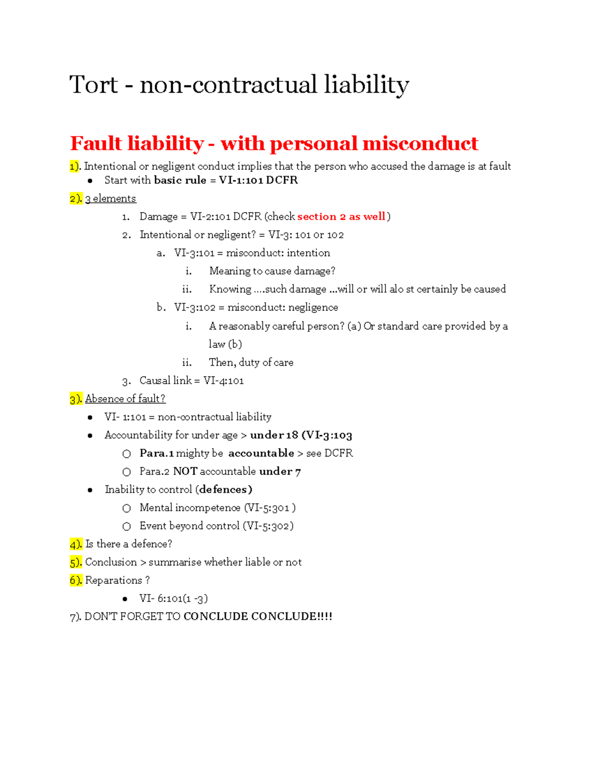 Exams structure-C&T Law - Tort - non-contractual liability Fault ...