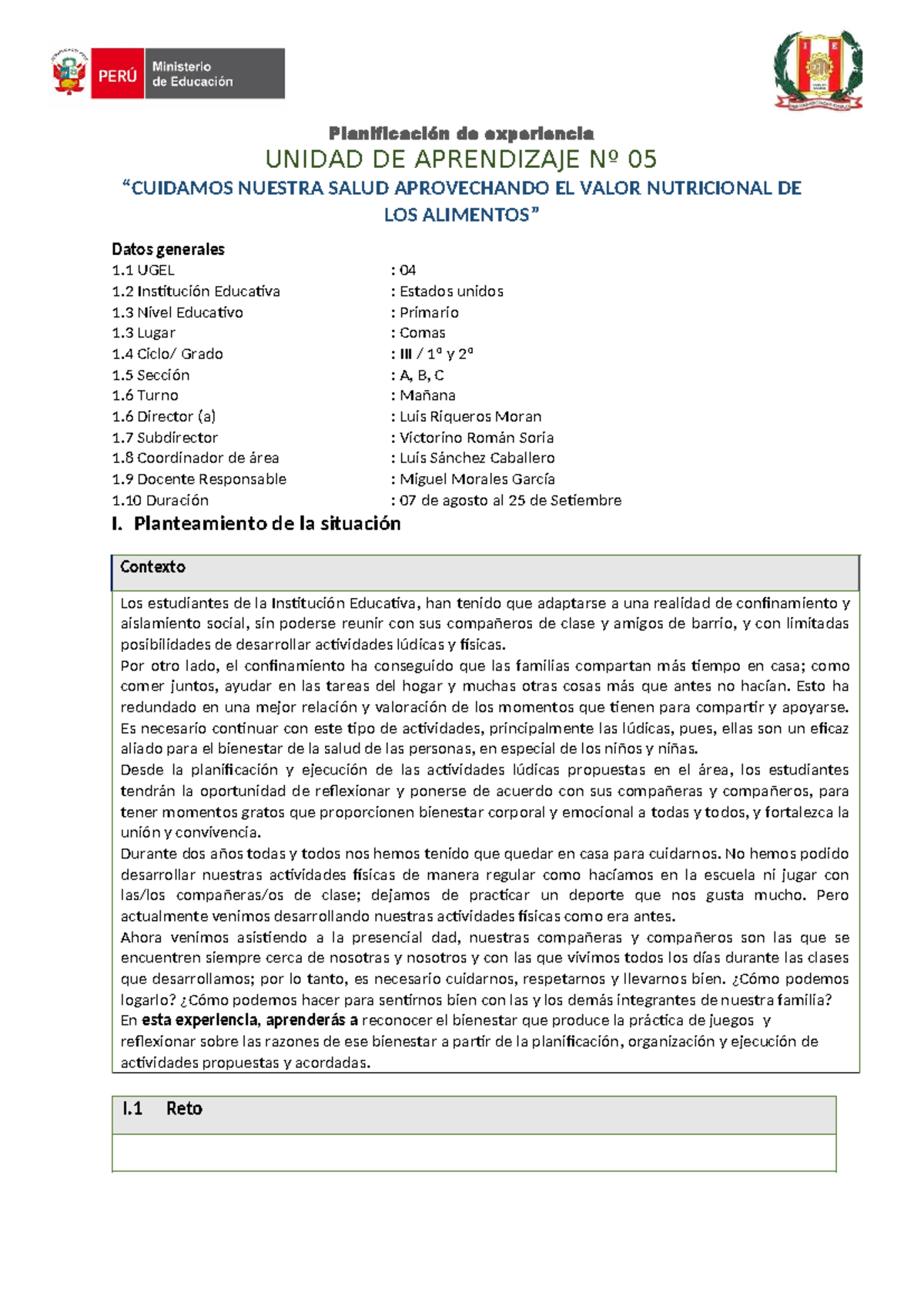 5 Unidad 1°2° 2023 LUIS Sanchez Caballero 2 DE Agosto 2023 - Planificación de experiencia UNIDAD ...