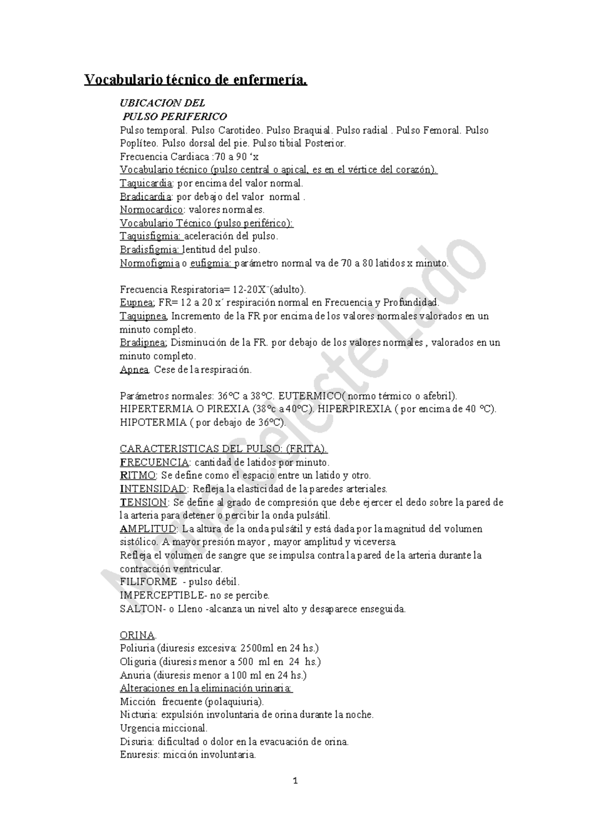 Vocabulario técnico de enfermería - UBICACION DEL PULSO PERIFERICO ...