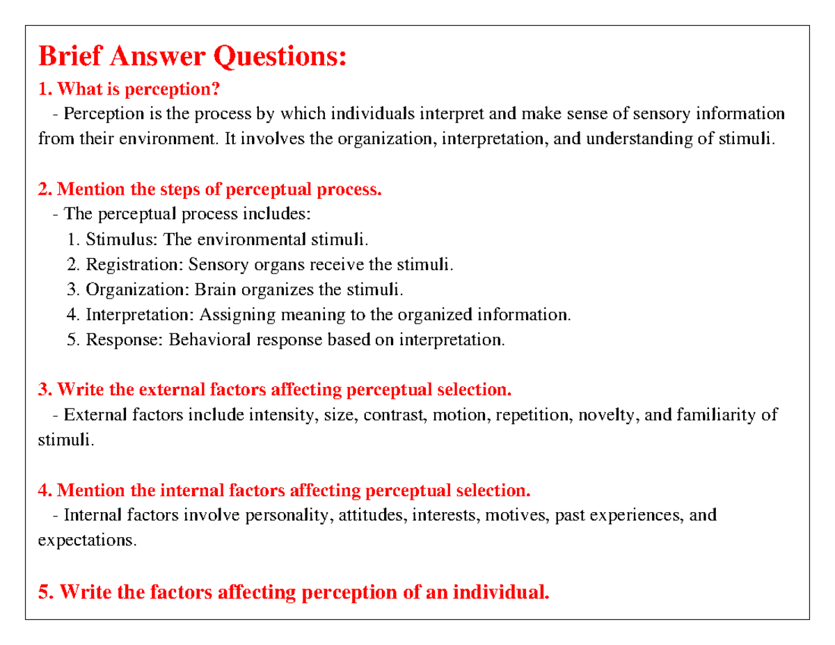 Chapter 3 perception OB - Brief Answer Questions: What is perception ...