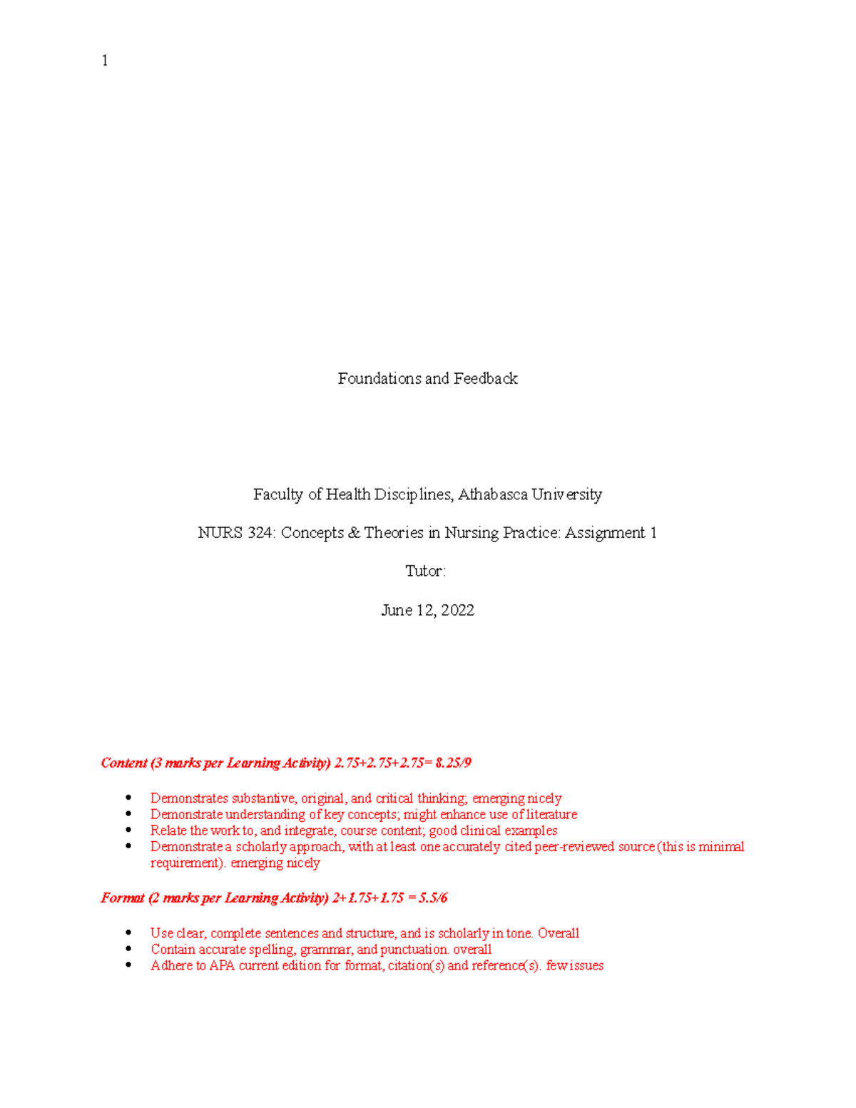 NURS324 - Assignment 1 - Foundations and Feedback Faculty of Health ...
