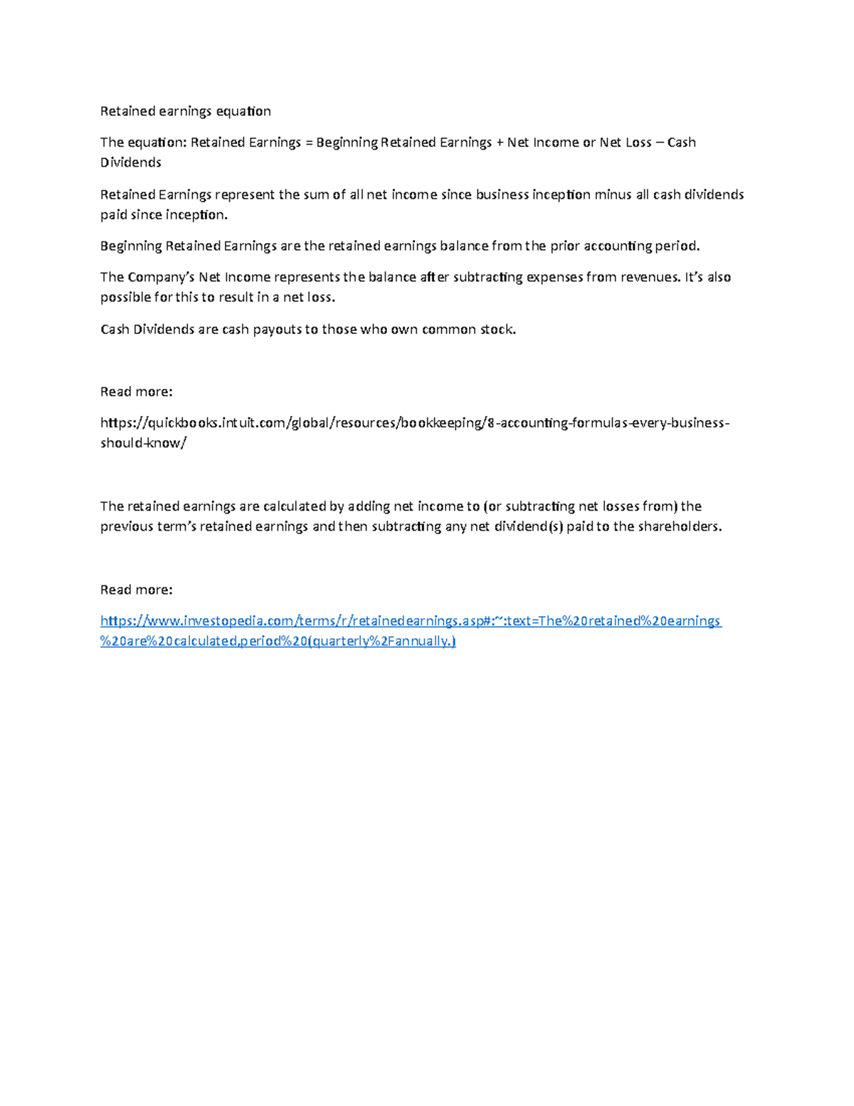 RE basic formula - read well - Retained earnings equation The equation ...