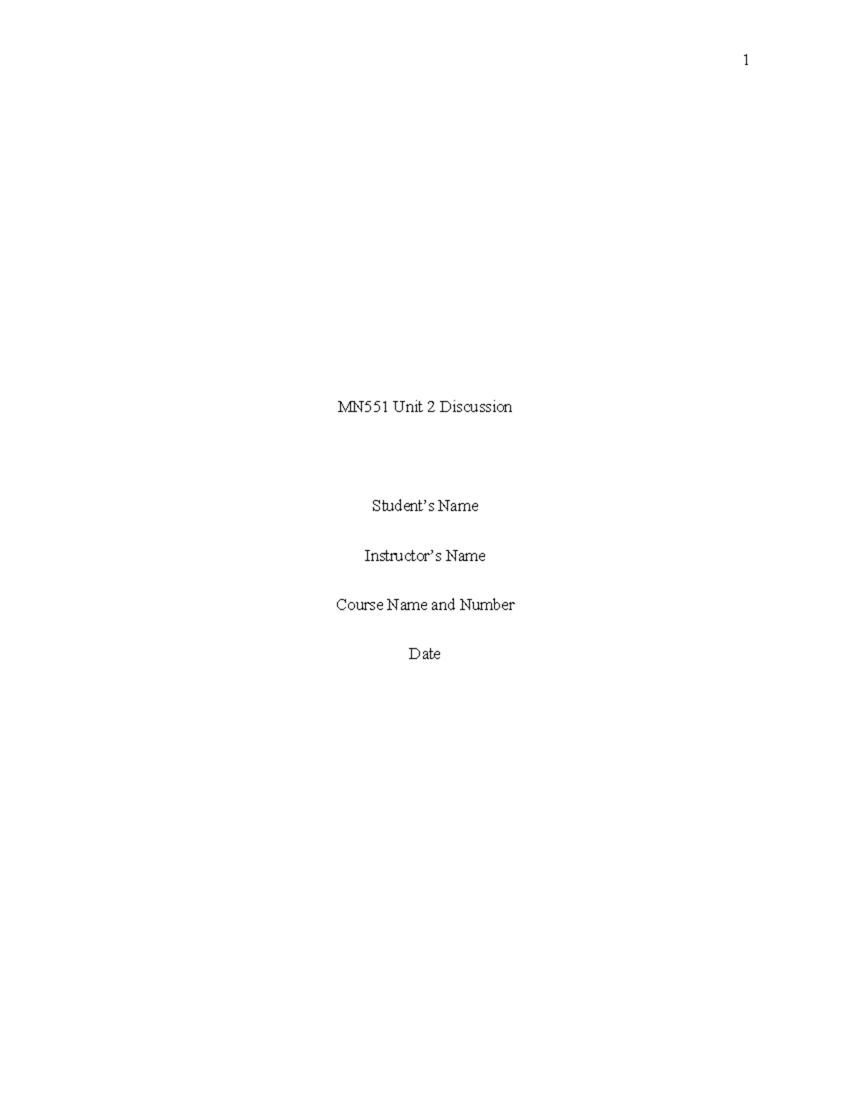 MN551 Unit 2 Discussion - 1 MN551 Unit 2 Discussion Student’s Name Instructor’s Name Course Name ...