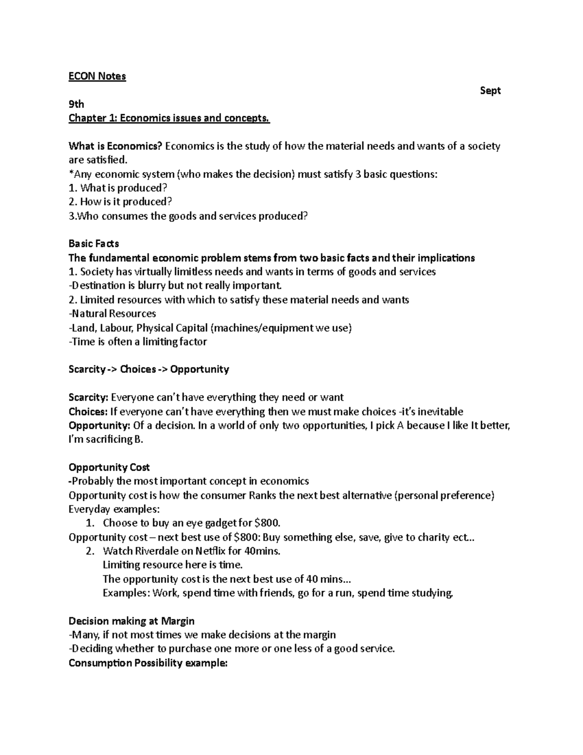 Chapter 1 - Notes - ECON Notes Sept 9th Chapter 1: Economics issues and ...