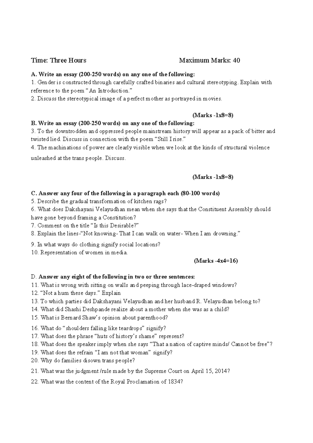 Question paper 7 - Time: Three Hours Maximum Marks: 40 A. Write an essay (200-250 words) on any ...