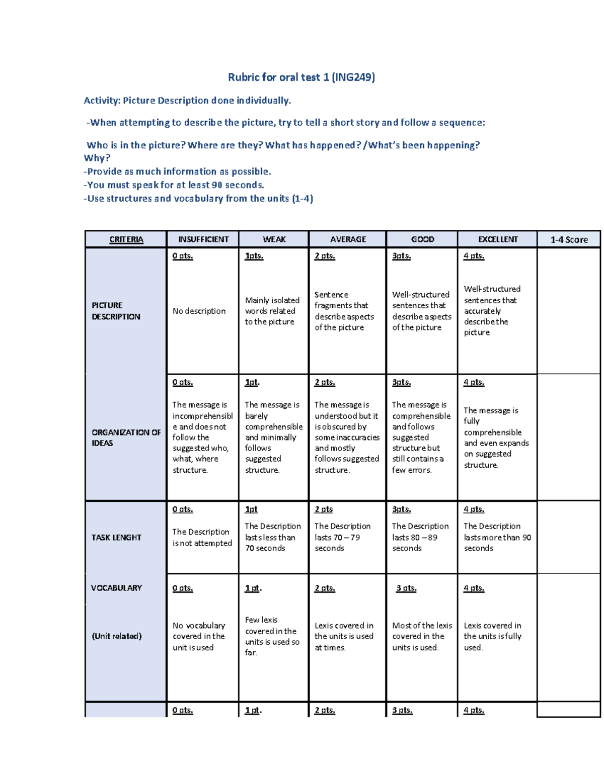 Rubric for oral test 1 B4 -When attempting to describe the picture, try ...