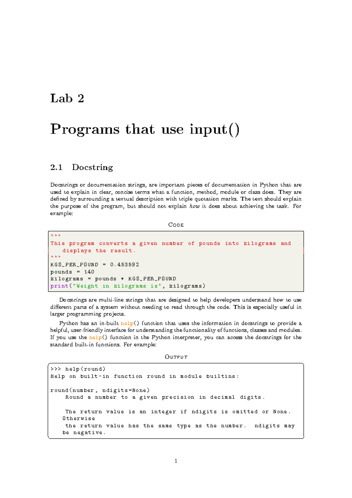 Lab02Text-v1111 - Lab 2 Programs that use input() 2 Docstring ...
