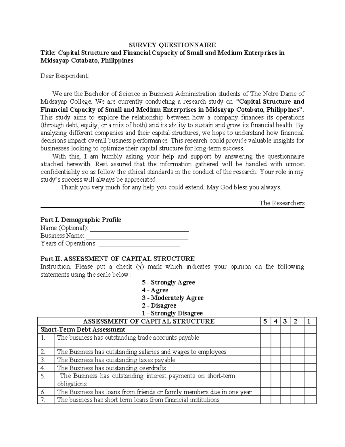 Final Validation - Business - SURVEY QUESTIONNAIRE Title: Capital ...